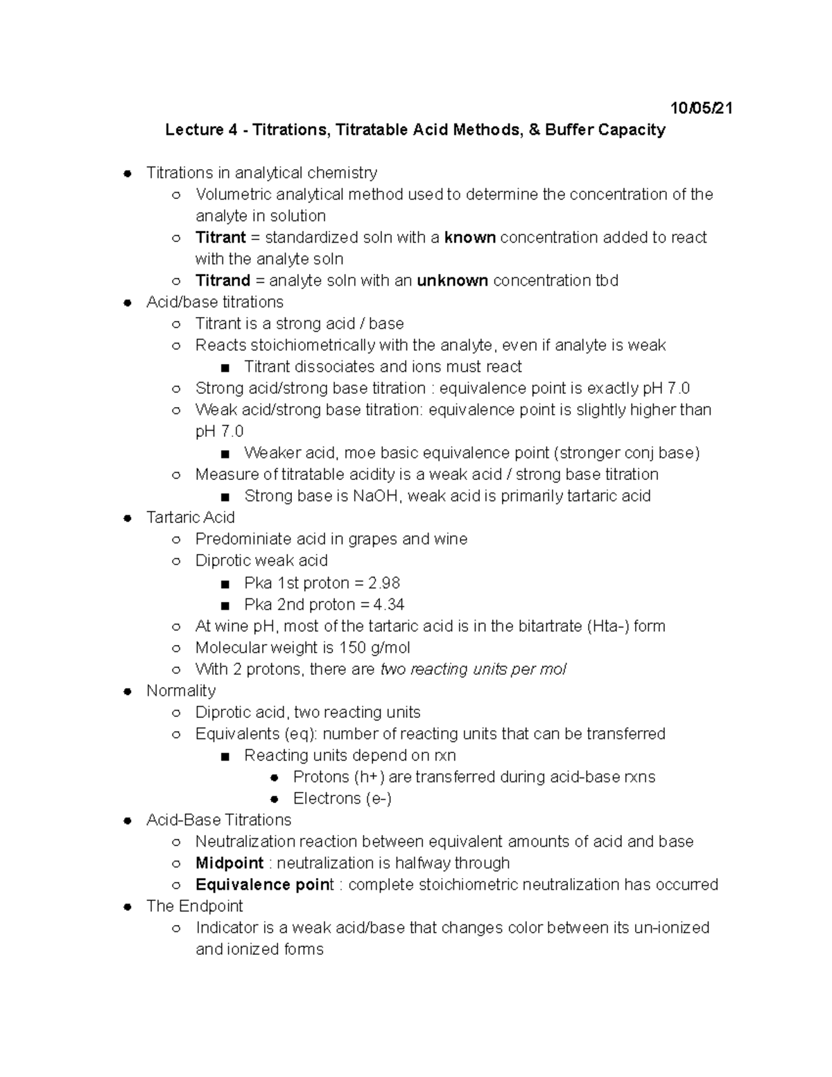 VEN123 Lectures 4-6 - 10/05/ Lecture 4 - Titrations, Titratable Acid ...