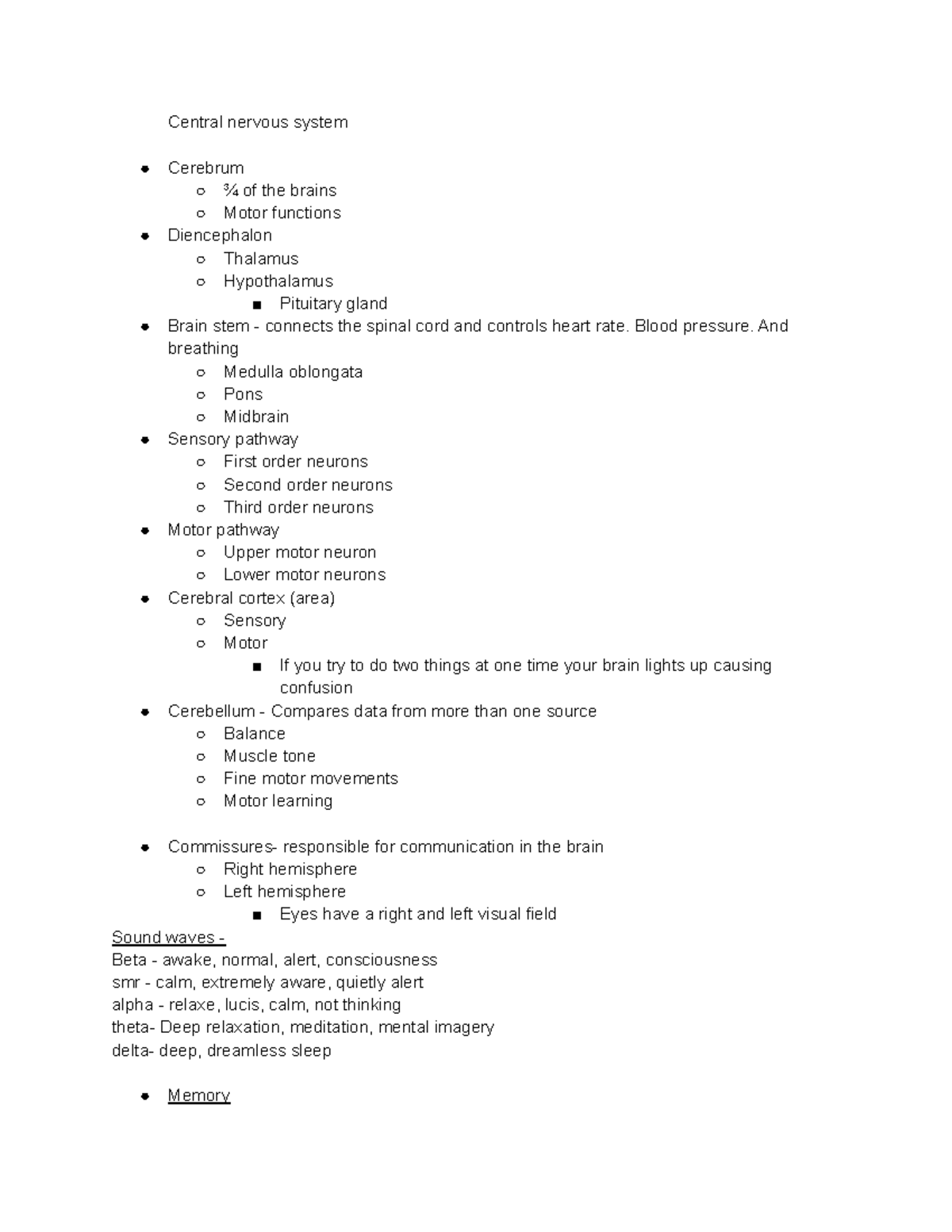 Central nervous system function notes for human anatomy - Central ...