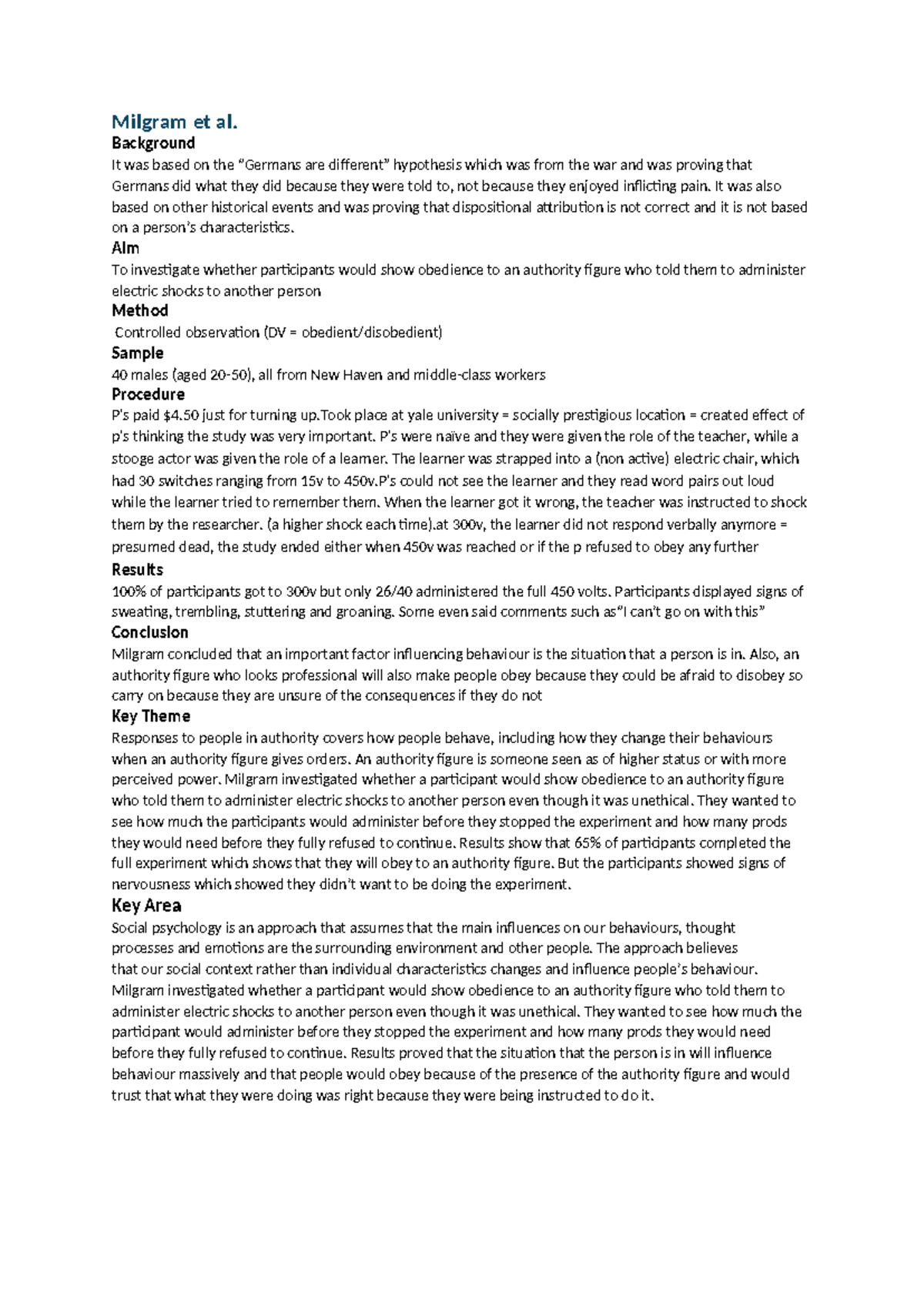 OCR Psychology- Core Studies Summaried - Milgram et al. Background It ...
