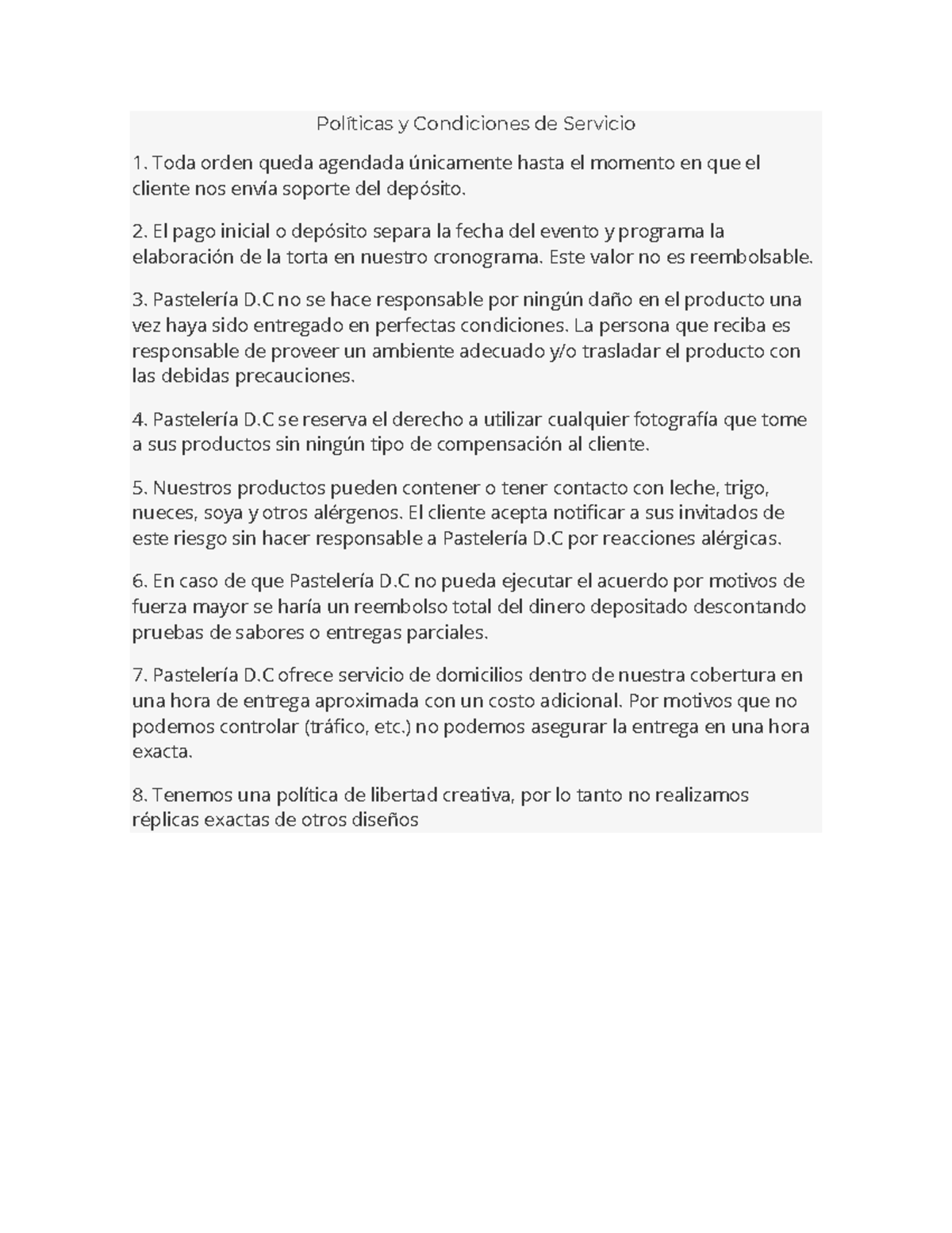 Políticas y Condiciones de Servicio - Políticas y Condiciones de Servicio Toda orden queda ...