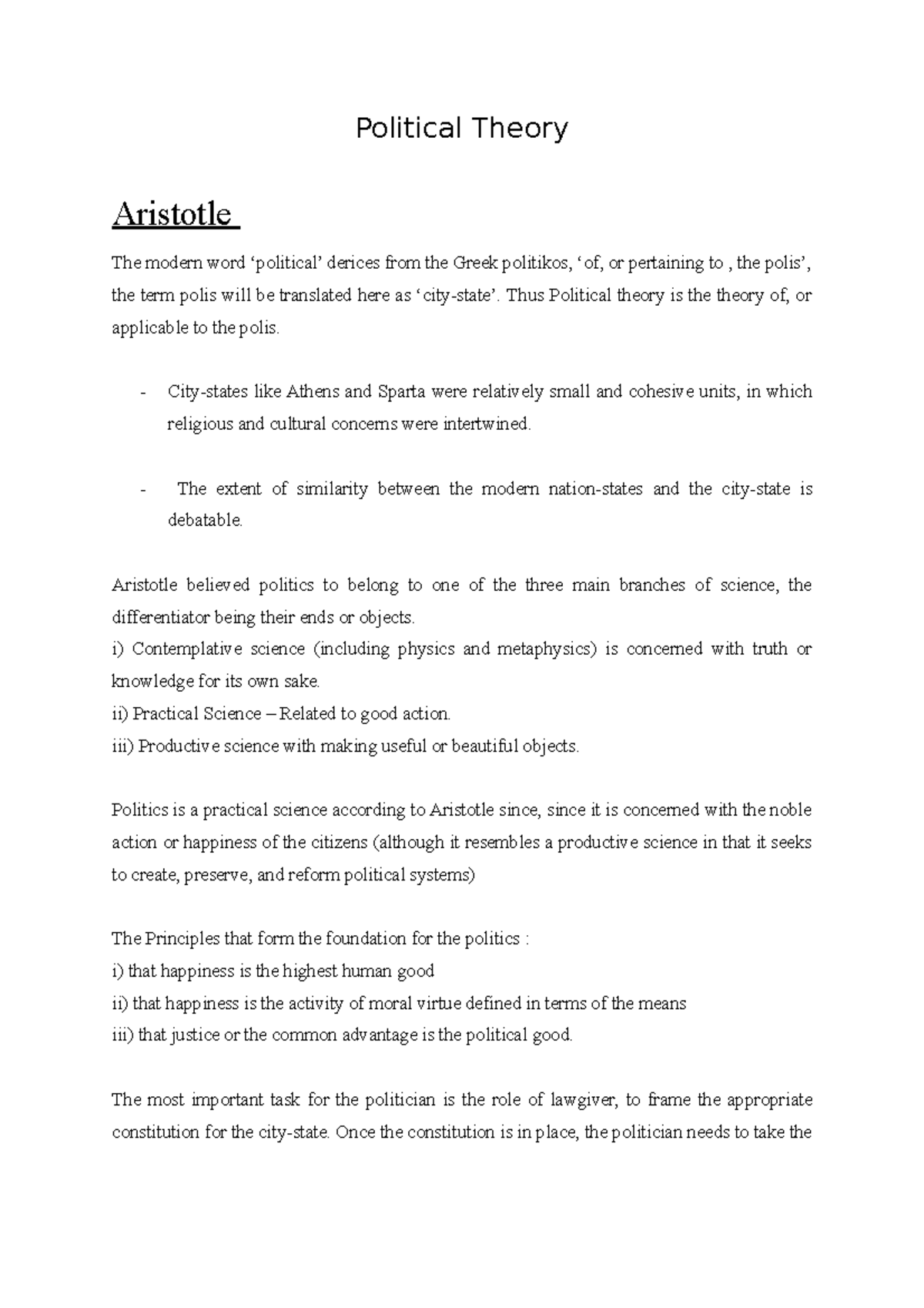 Aristotle on politics - Political Theory Aristotle The modern word ...