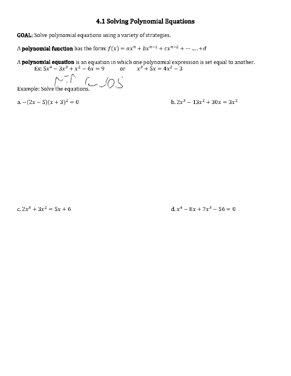 Unit 4 Blank Lessons - 4 Solving Polynomial Equations GOAL: Solve ...