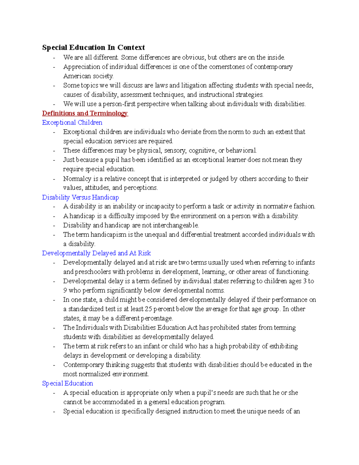 Chapter 1 Notes - Special Education In Context We are all different ...