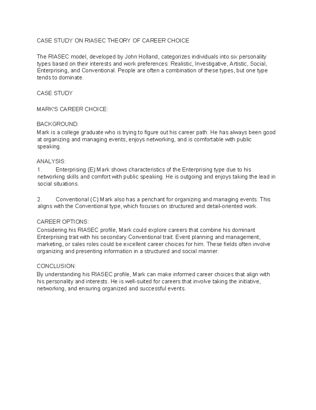 Practise 8 - CASE STUDY ON RIASEC THEORY OF CAREER CHOICE The RIASEC ...