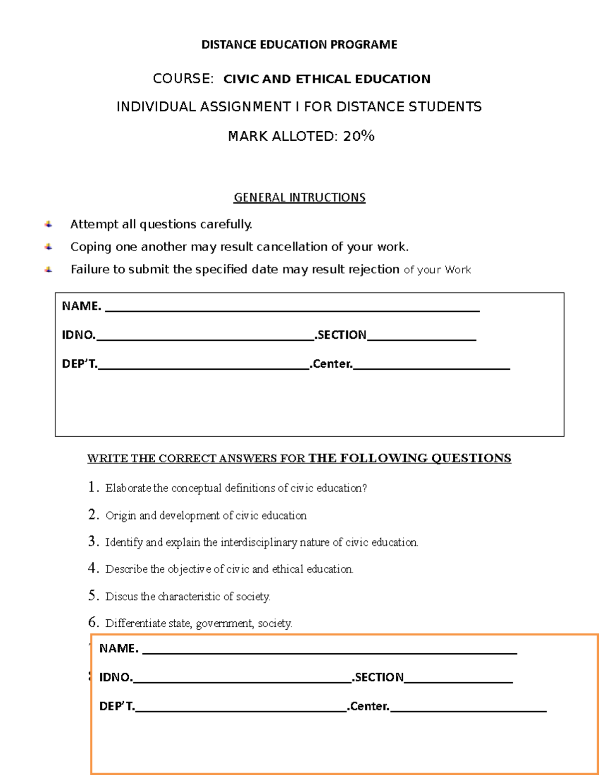 Distance assignment for Civics and Ethics - DISTANCE EDUCATION PROGRAME ...
