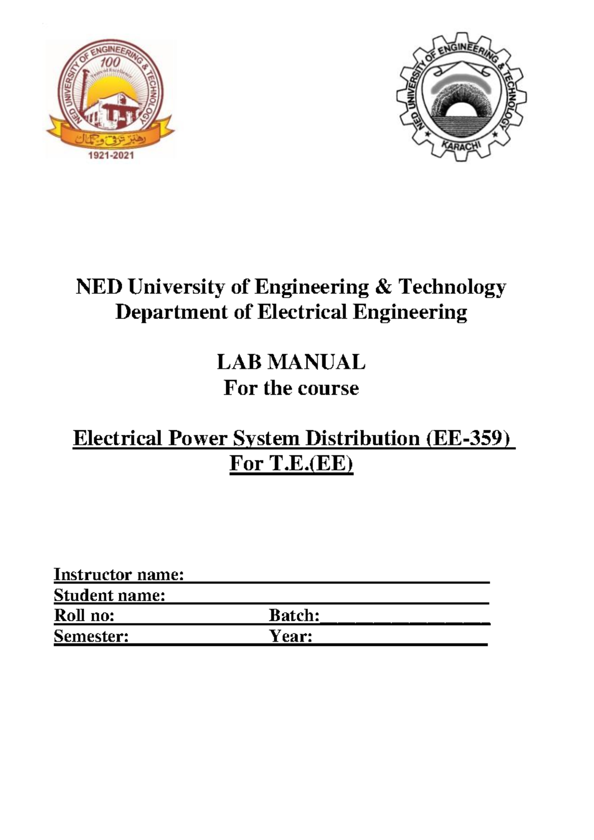 EE 359 Electrical Power Distribution and Utilization - NED University ...