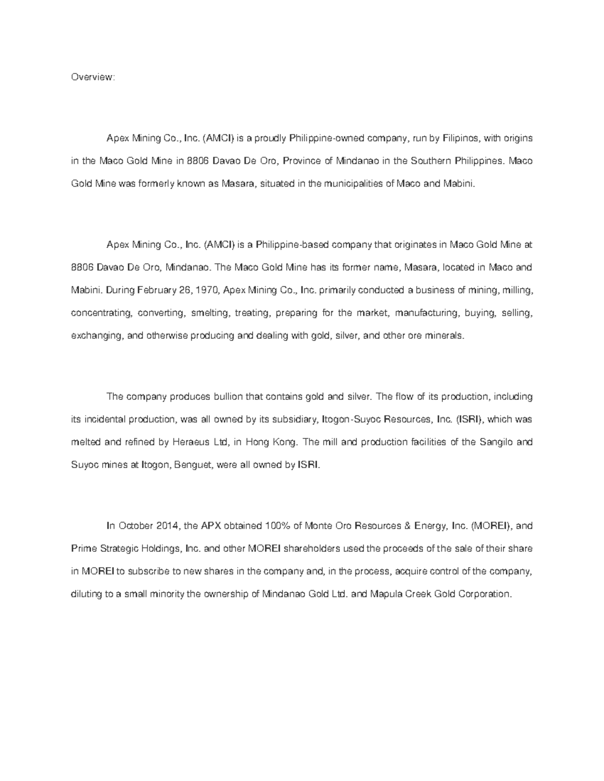 Overview - sample - Overview: Apex Mining Co., Inc. (AMCI) is a proudly ...