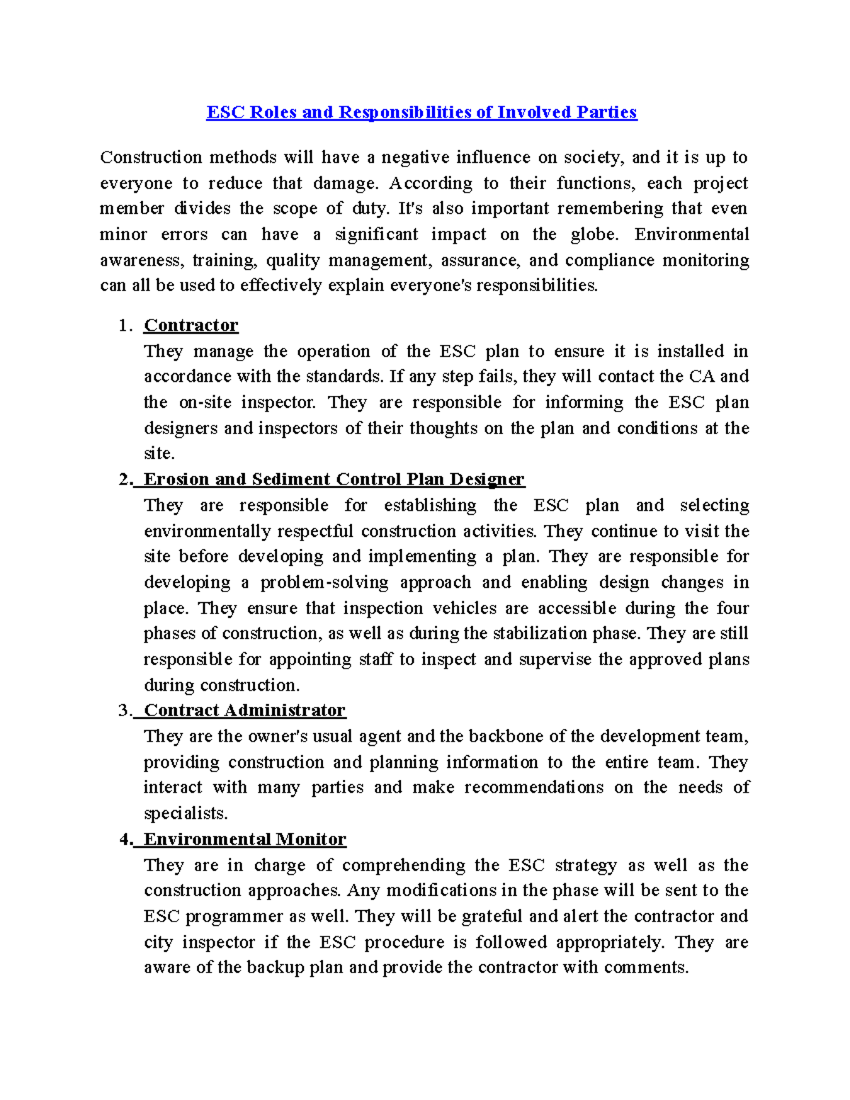 ESC Roles and Responsibities - According to their functions, each ...