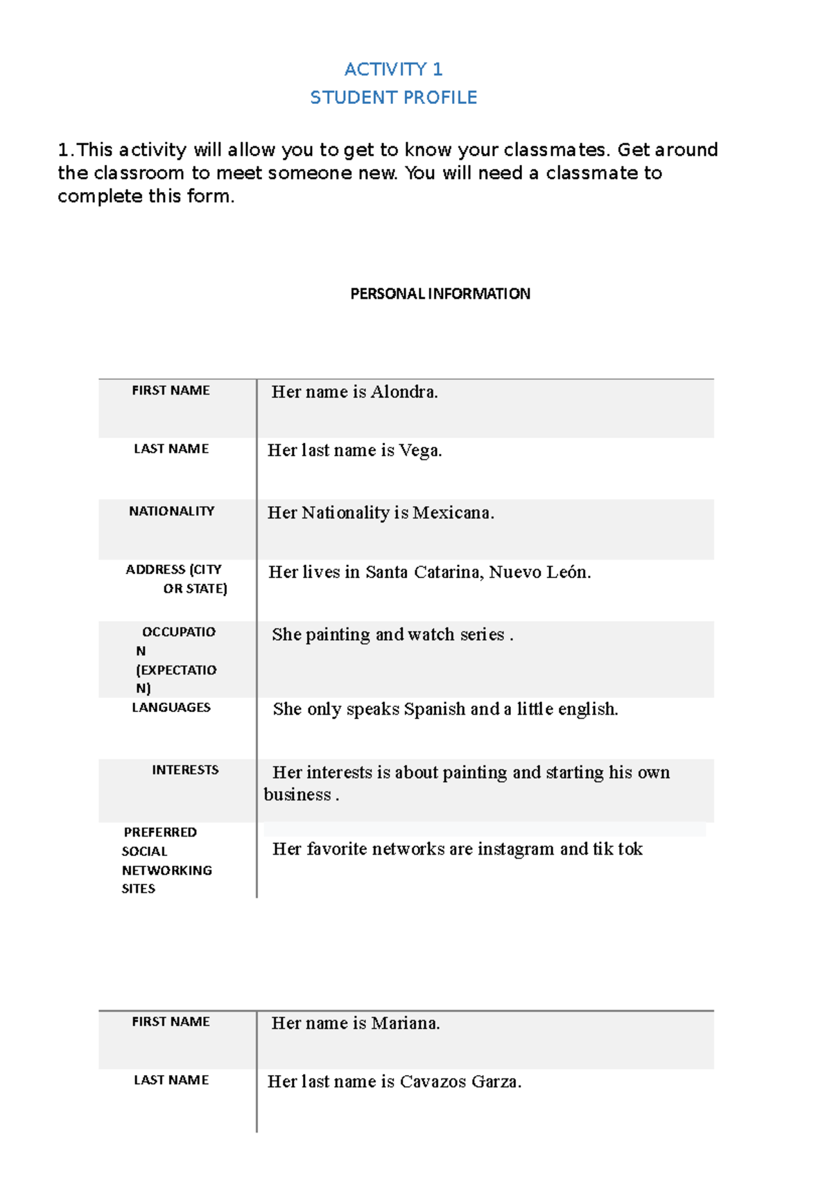 Activity 1 - Tarea - ACTIVITY 1 STUDENT PROFILE 1 activity will allow ...