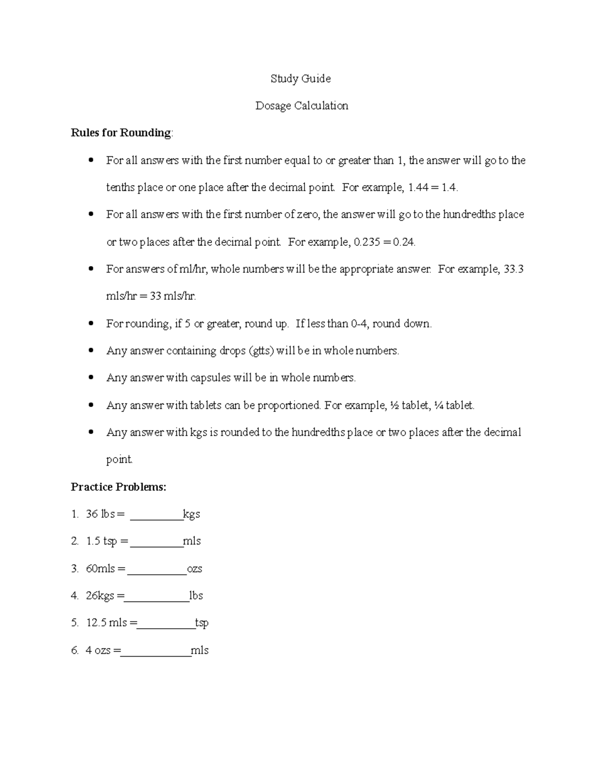 Dosage Calculation Study Guide Study Guide Dosage Calculation Rules