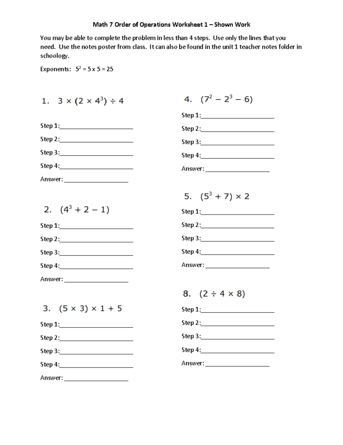 M7 order of op practice - fgbbff - Math 7 Order of Operations Worksheet ...