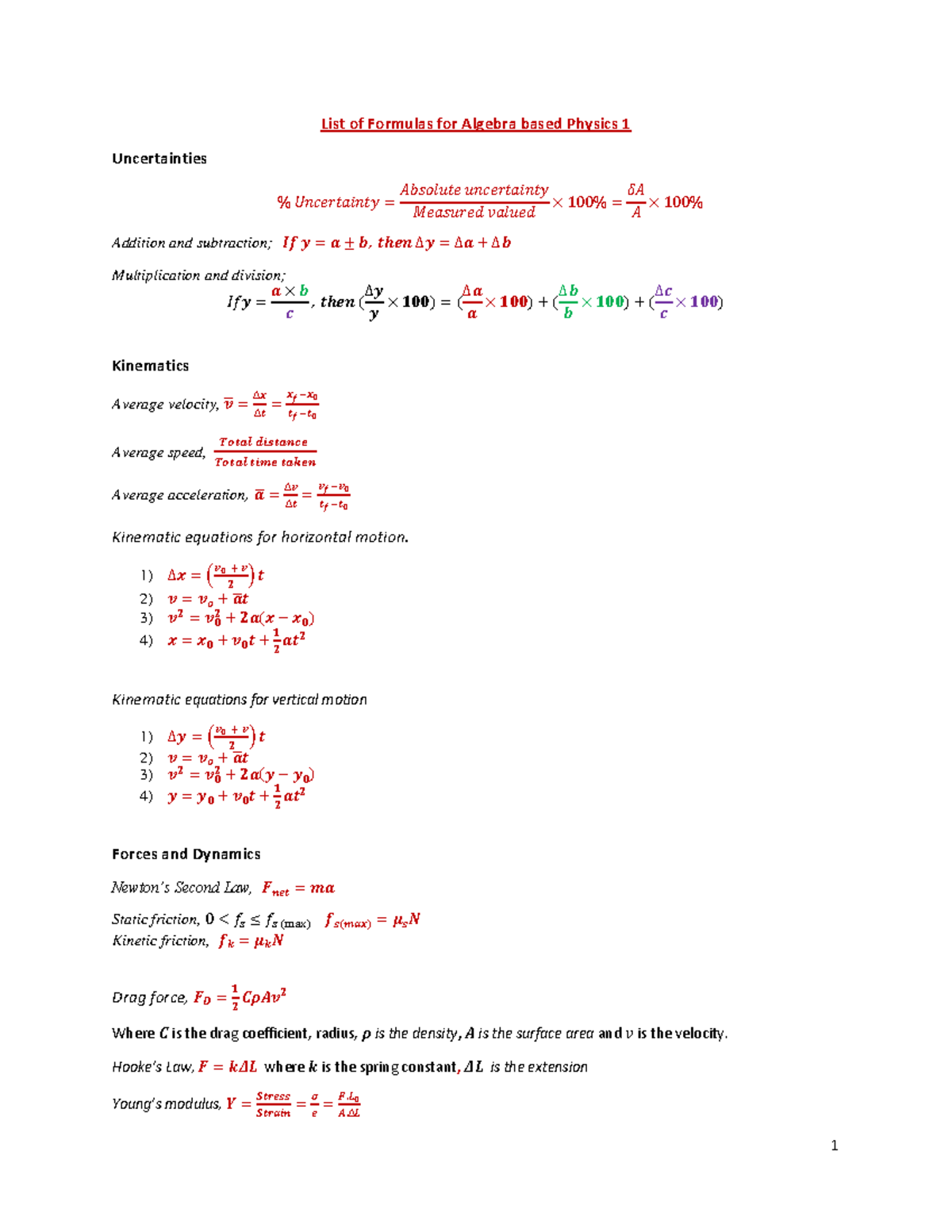 Formulas for Algebra based Physics 1 - 1) ∆𝒙 = ( 𝒗𝟎 + 𝒗 𝟐 ) 𝒕 2) 𝒗 = 𝒗𝒐 ...