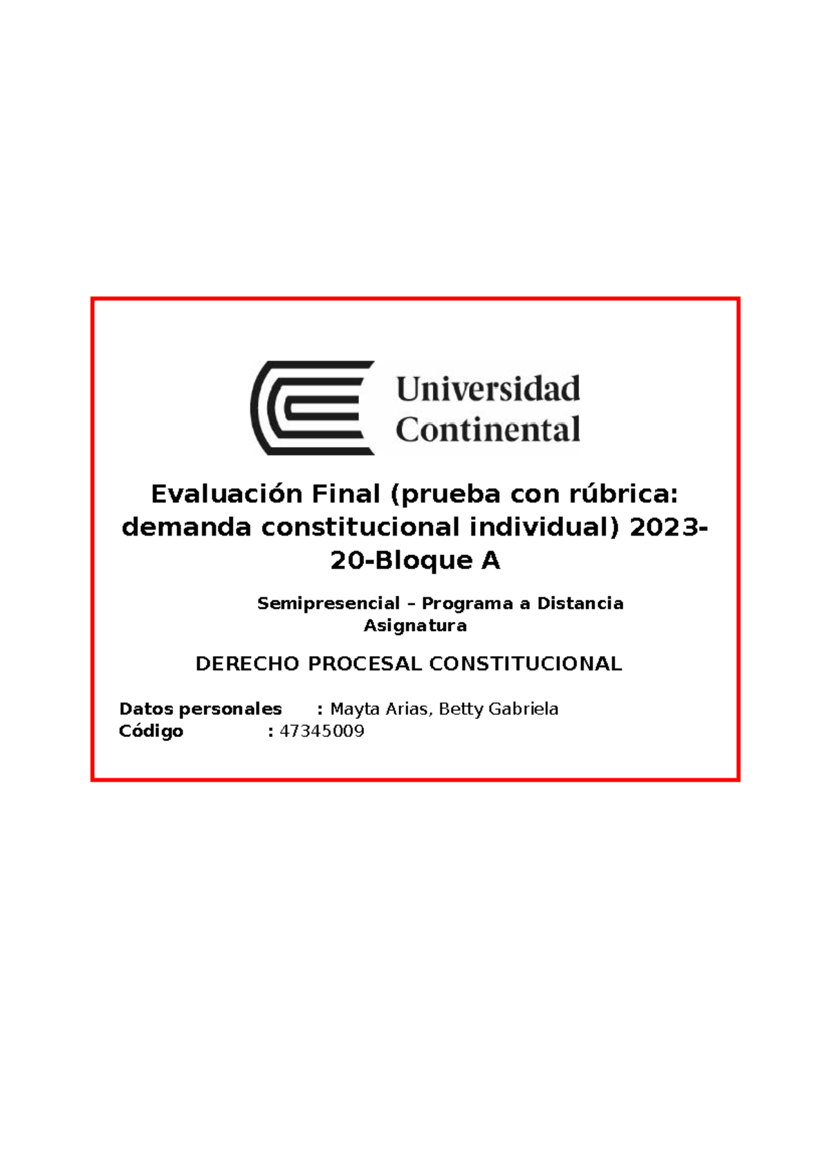 Evaluación Final Derecho Procesal Constitucional - Evaluación Final (prueba con rúbrica: demanda ...
