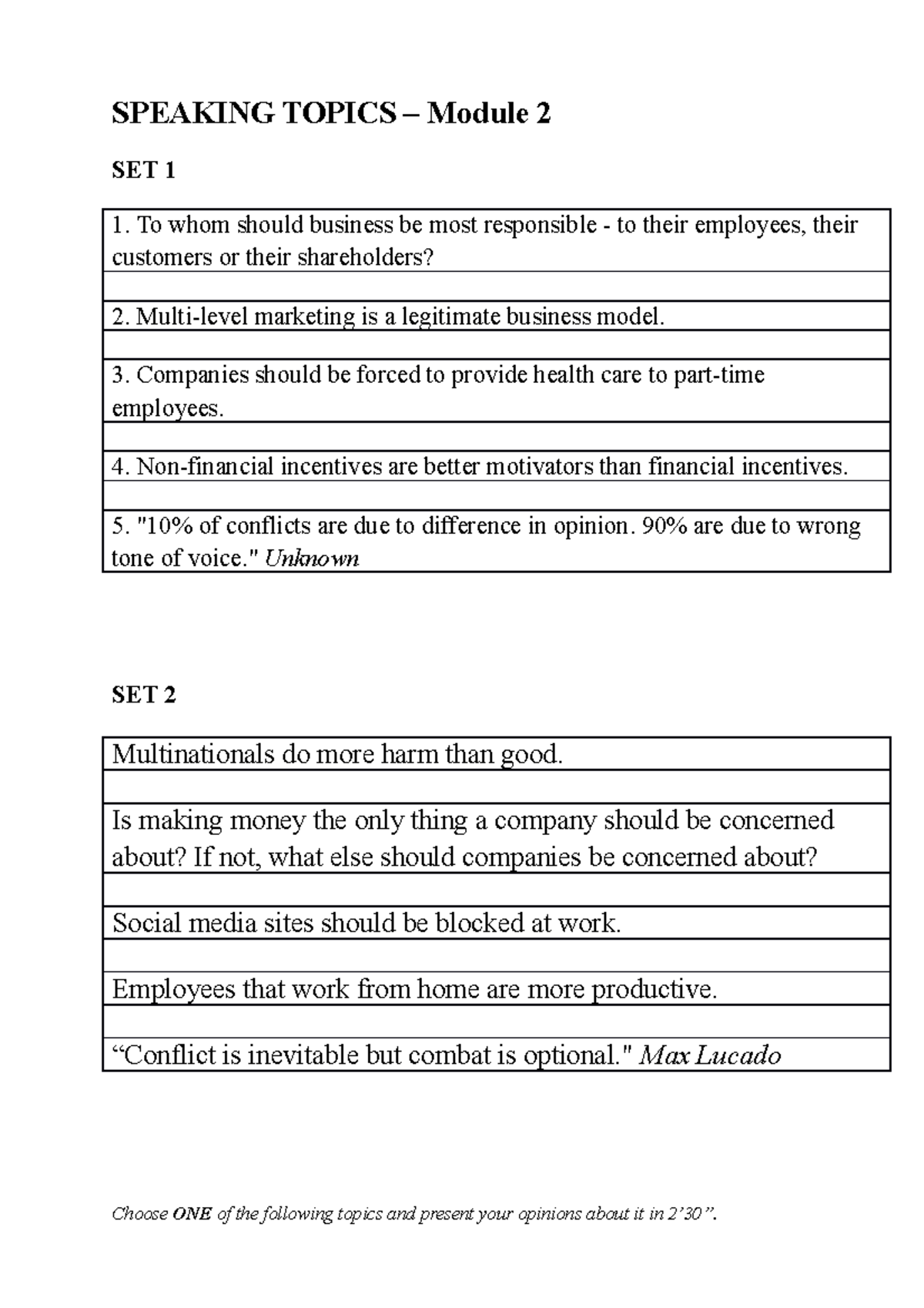 HP2. Speaking Topics - SPEAKING TOPICS – Module 2 SET 1 1. To whom ...