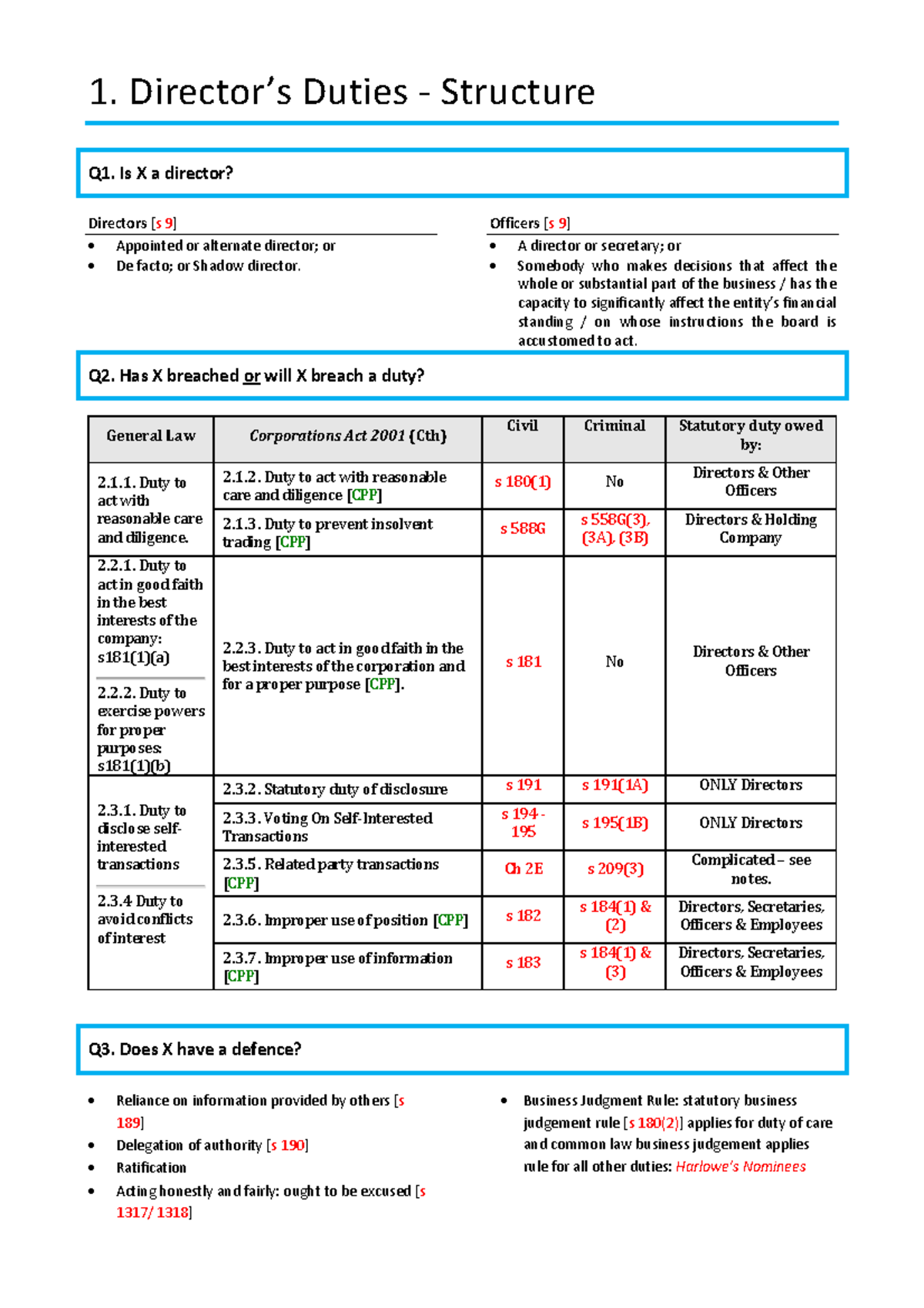 Director duties notes - 1. Director’s Duties - Structure Q1. Is X a ...