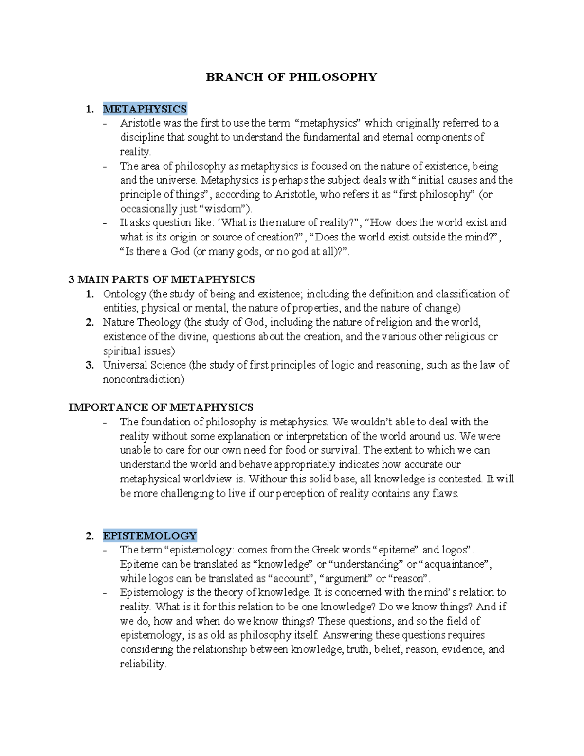 Branch OF Philosophy - BRANCH OF PHILOSOPHY 1. METAPHYSICS Aristotle ...