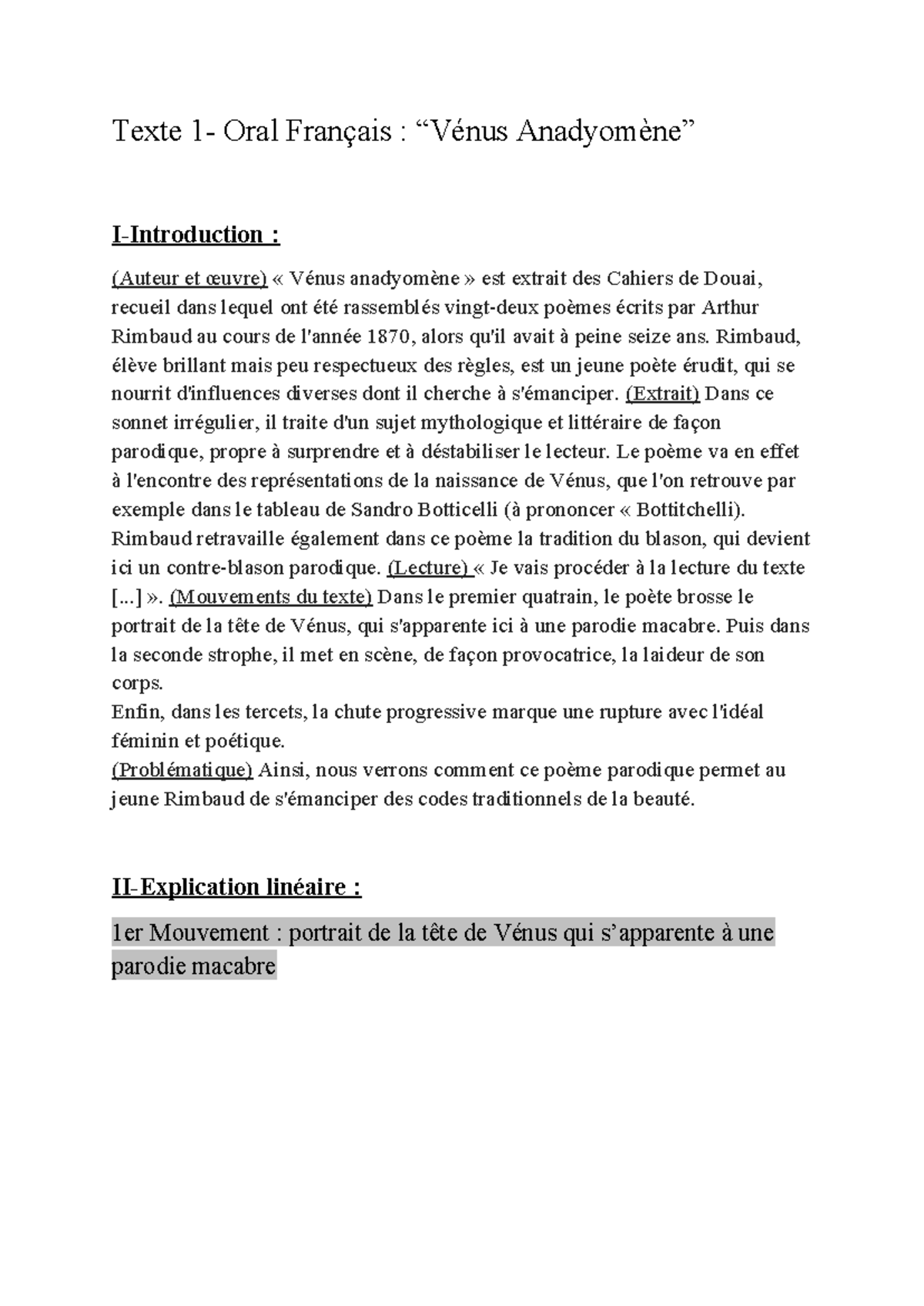 Introduction vénus anadyomène - Texte 1- Oral Français : “Vénus ...
