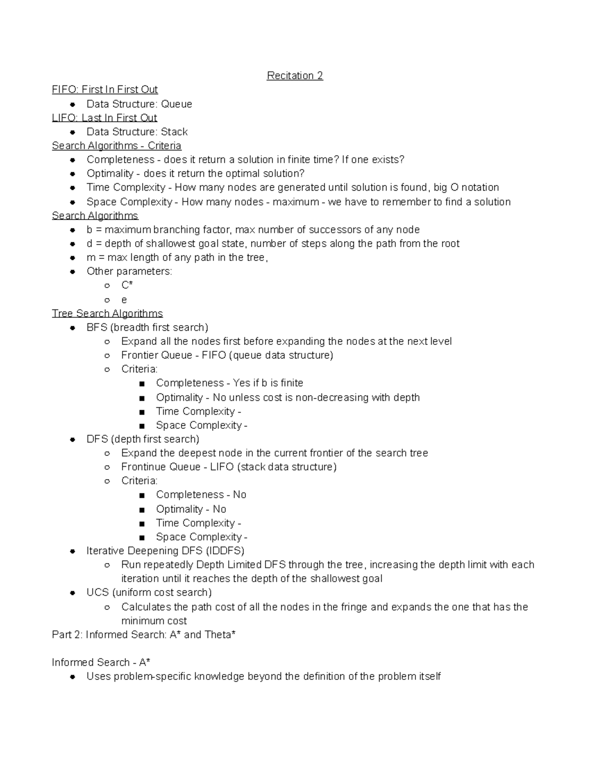 Recitation 2 - Intro to AI - Recitation 2 FIFO: First In First Out Data ...