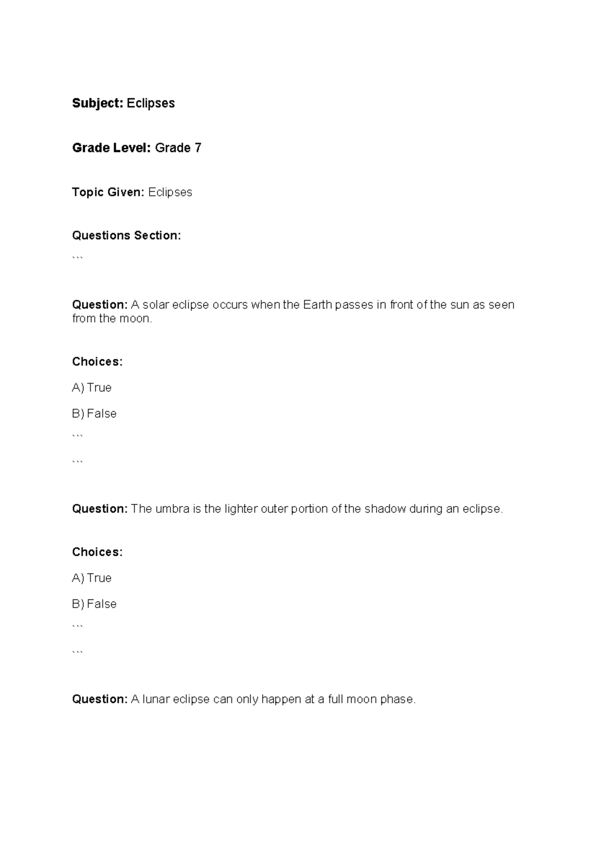Quiz eclipses - Subject: Eclipses Grade Level: Grade 7 Topic Given ...