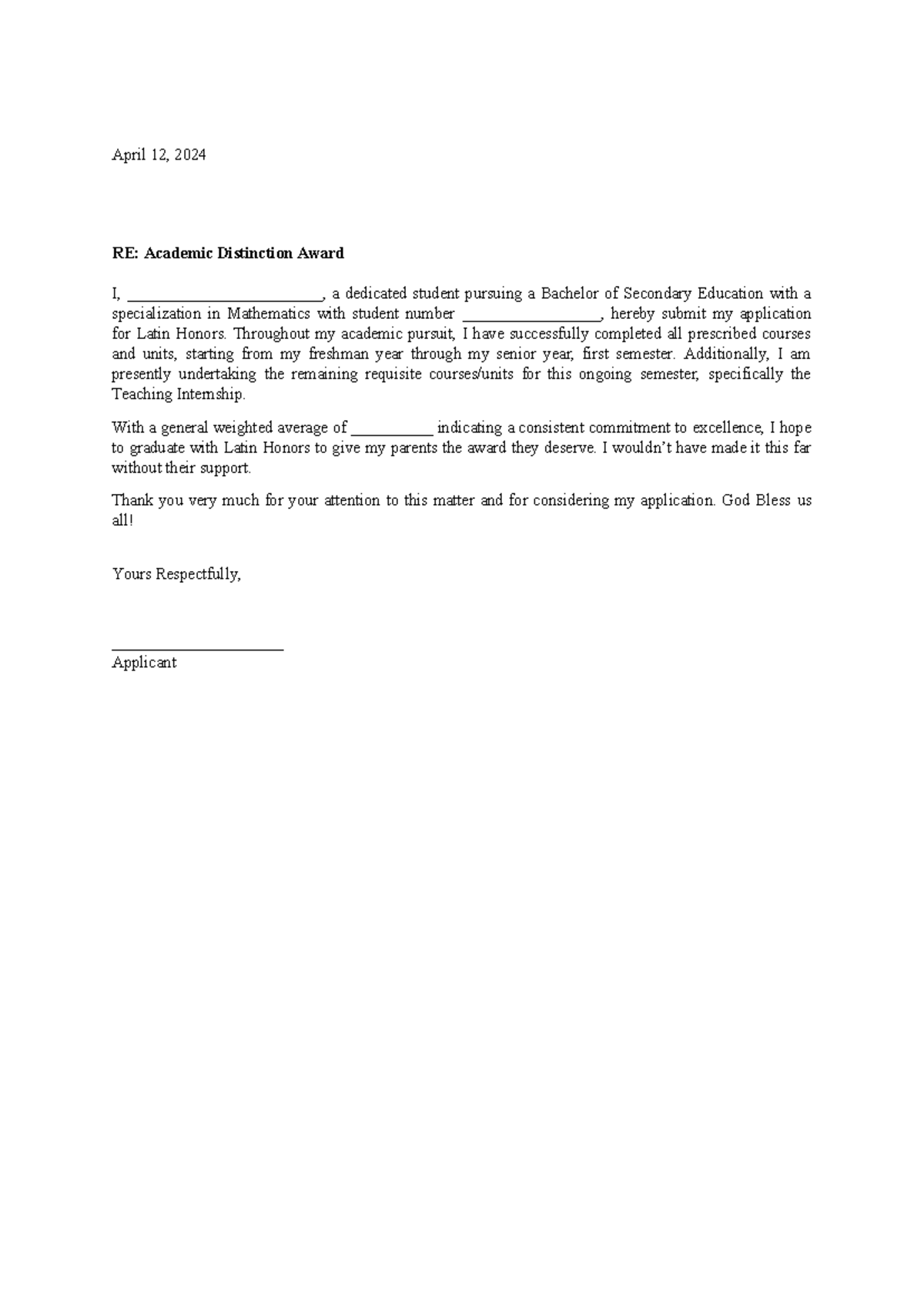 Application-letter - April 1 2 , 2024 RE: Academic Distinction Award I