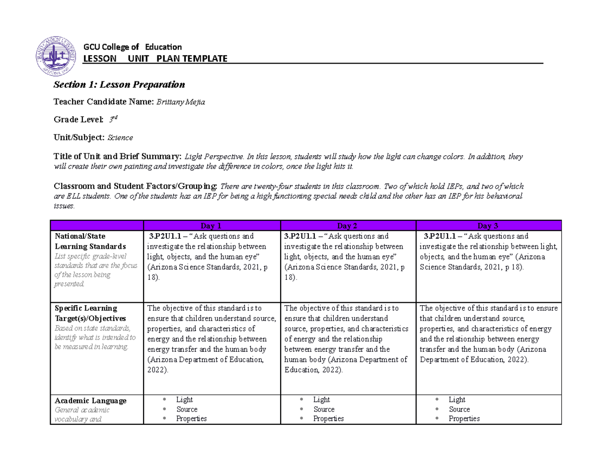 Science Unit Plan - Section 1: Lesson Preparation Teacher Candidate ...