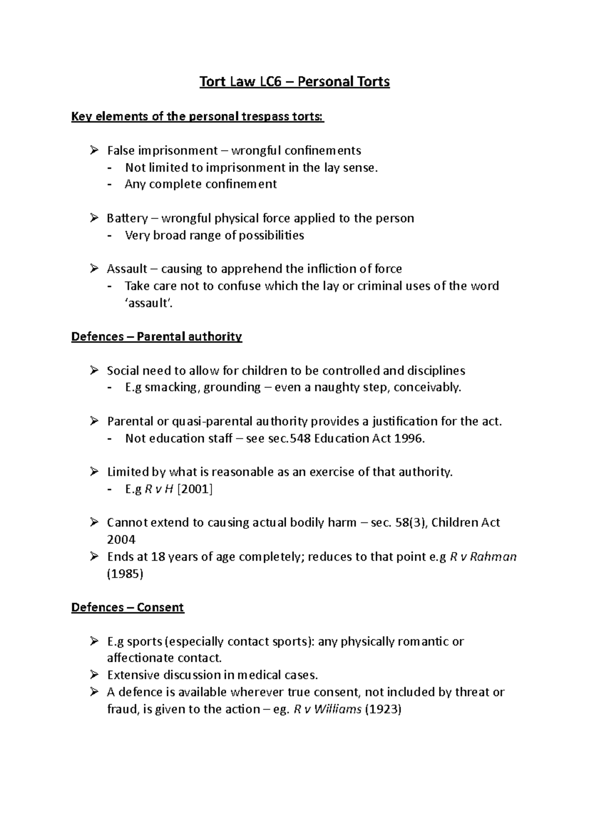 Tort Law - LC6 (personal torts) - Tort Law LC6 – Personal Torts Key ...