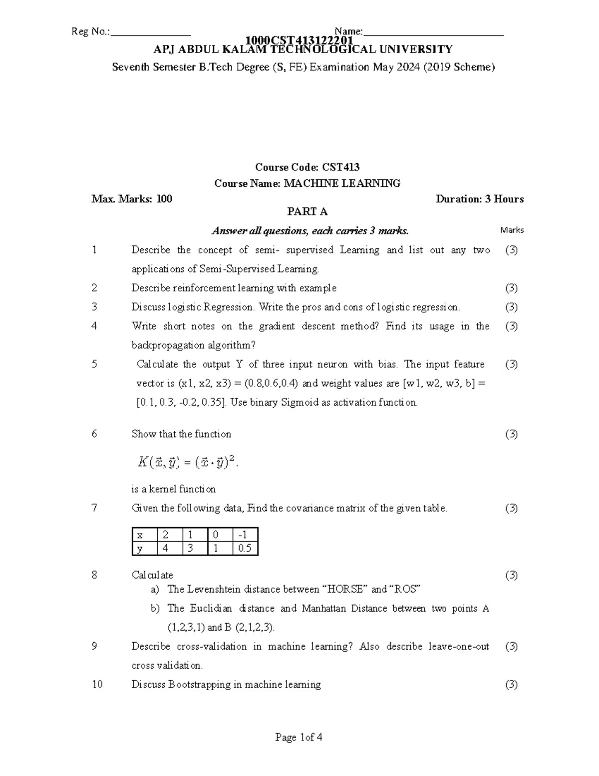CST413-D - rrrrr - 1000CST Course Code: CST Course Name: MACHINE LEARNING Max. Marks: 100 ...