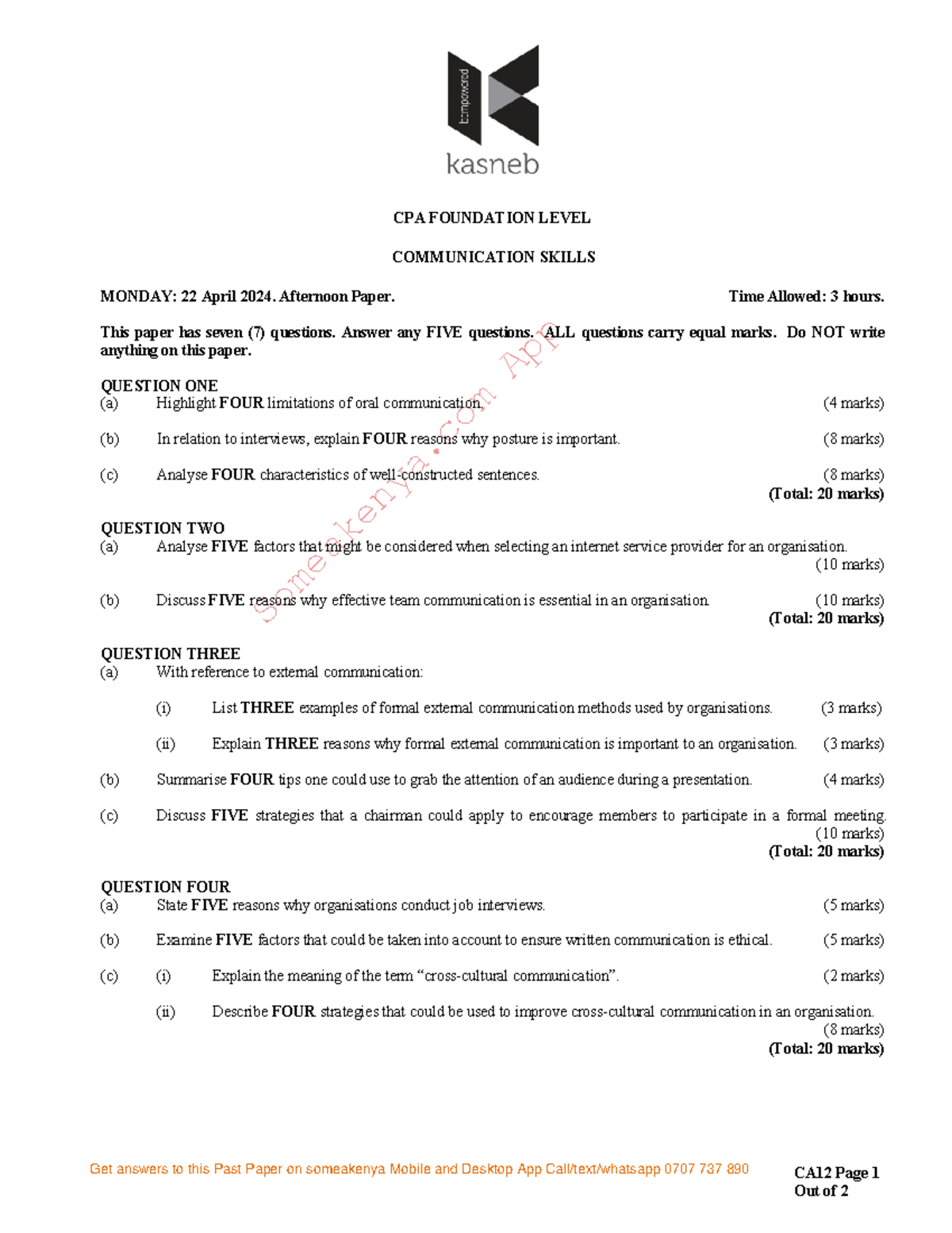 Pst Comm Skills Collection - Someakenya App CA12 Page 1 Out of 2 CPA ...