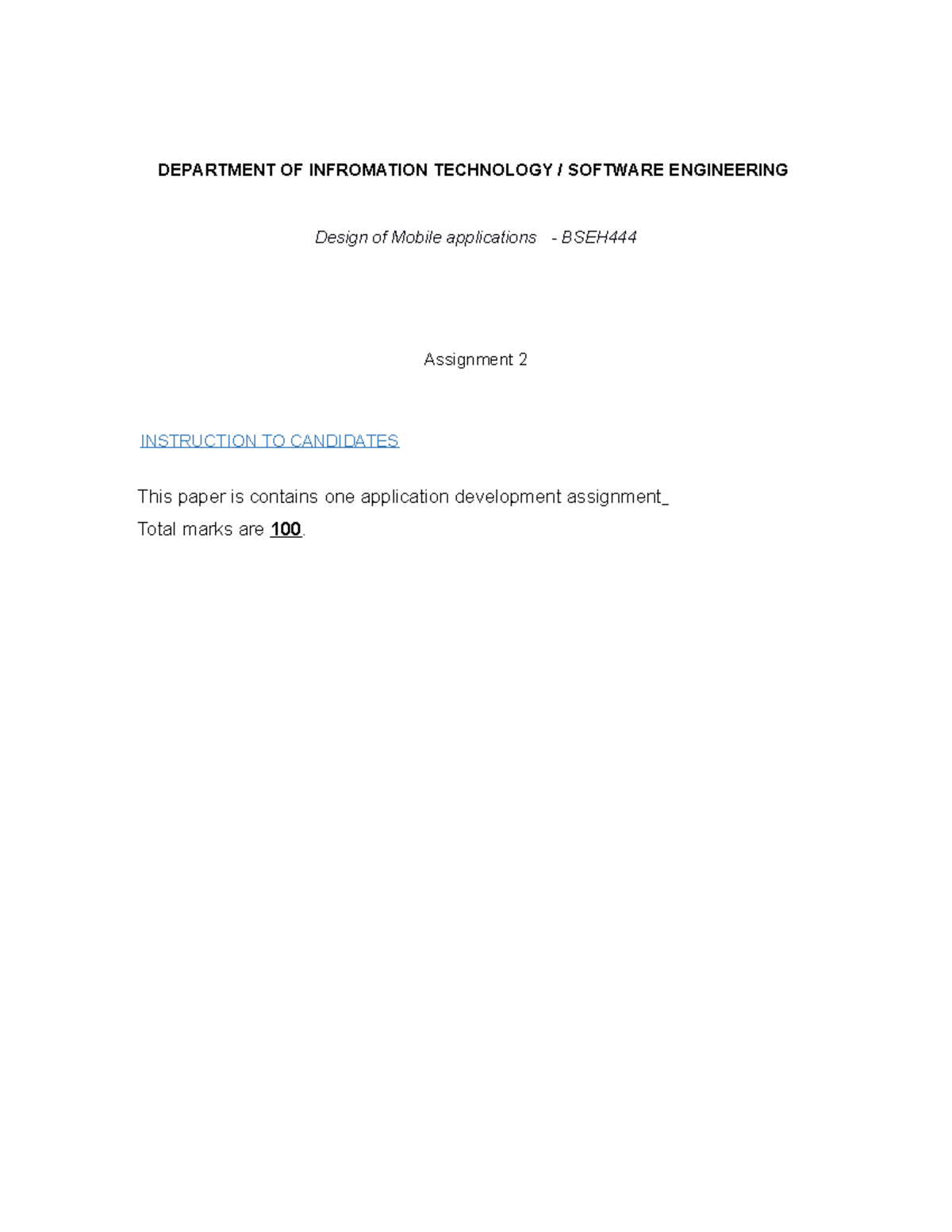 2022 assignment 2 BESH444 Mobile Application - DEPARTMENT OF INFROMATION TECHNOLOGY / SOFTWARE ...
