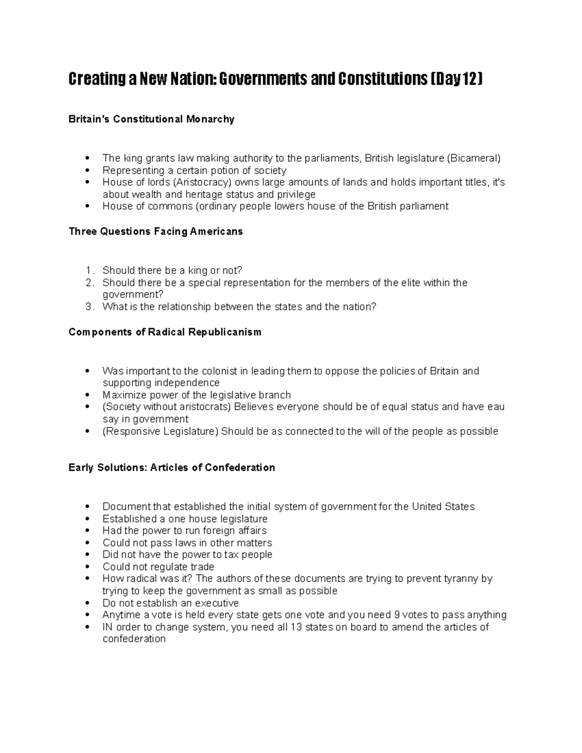 History Lecture (Day 12) - Creating a New Nation: Governments and ...