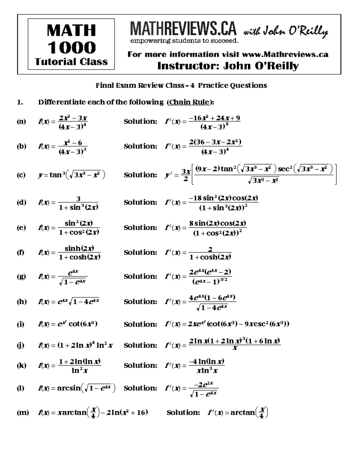 Math 1000 Final Exam Reviews Class 4 Winter 2021 - - Studocu
