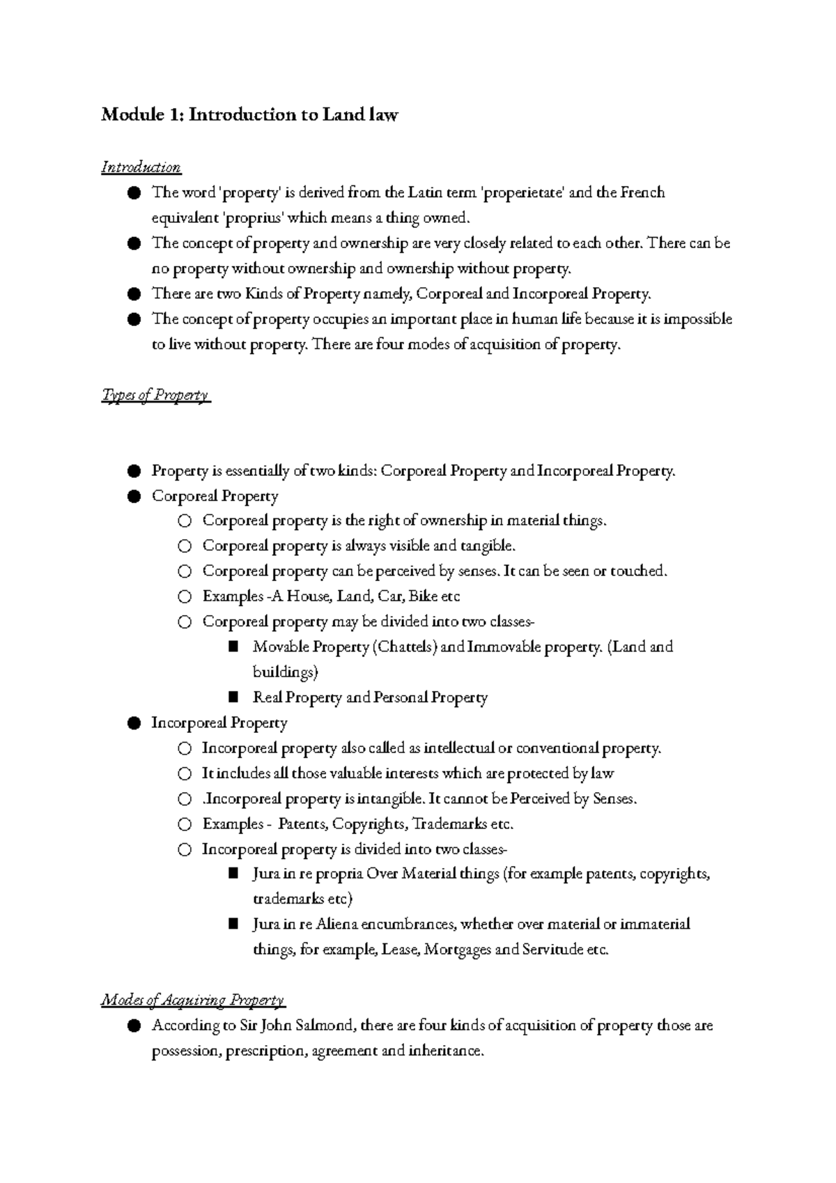 Land Law Proper Notes - Module 1: Introduction to Land law Introduction ...