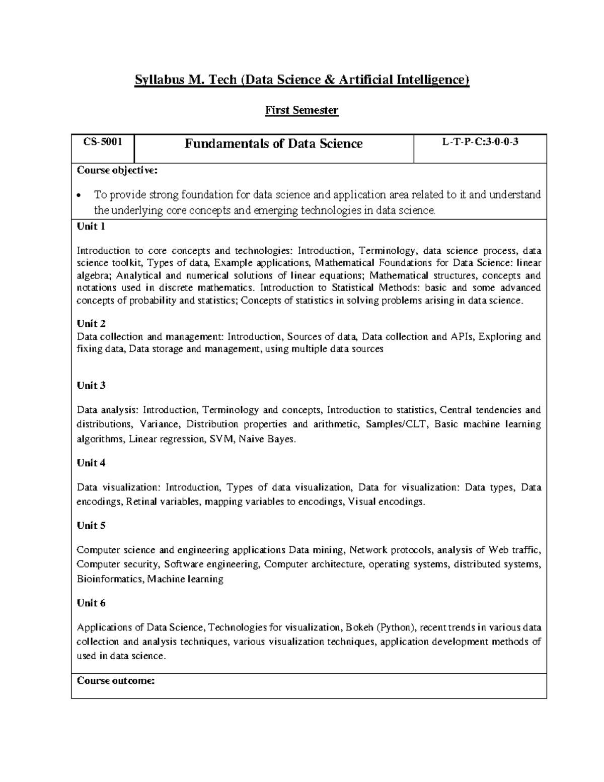 Syllabus mtech cse - Syllabus M. Tech (Data Science & Artificial Intelligence) First Semester ...