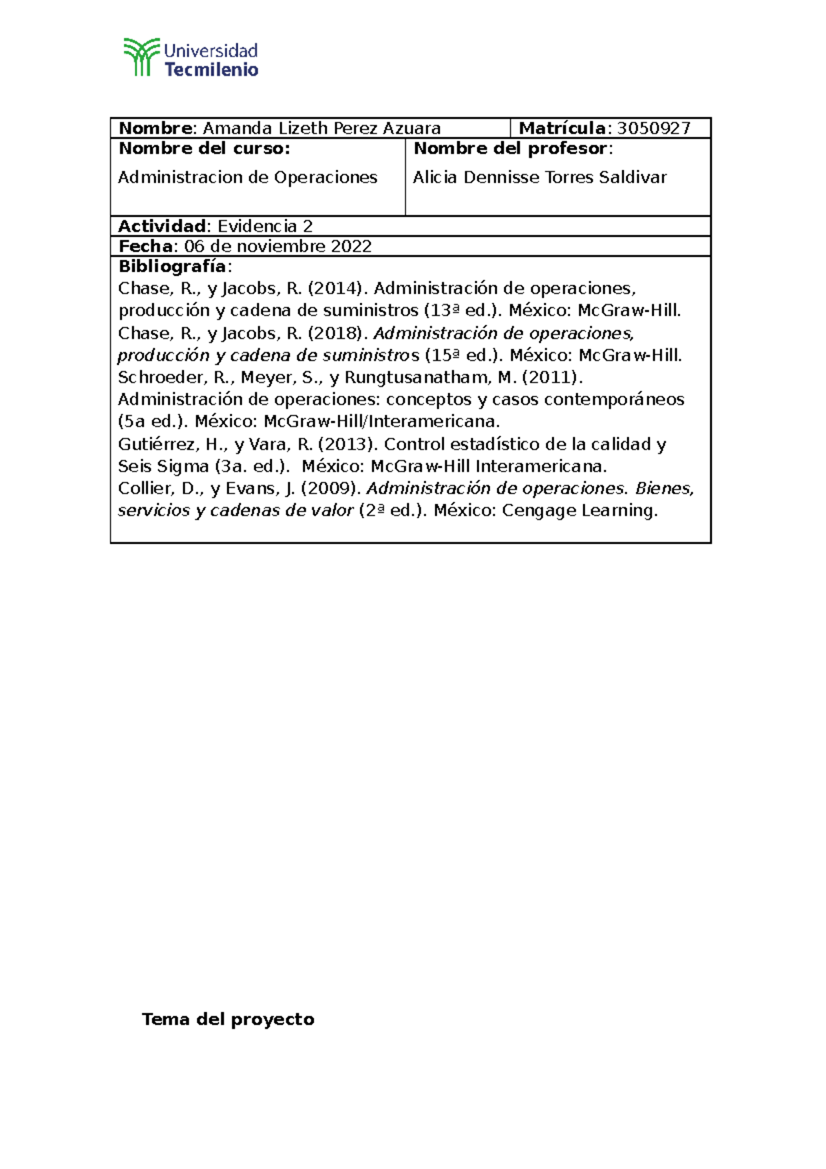 Evidencia 2 - Administración de operaciones - Nombre: Amanda Lizeth ...