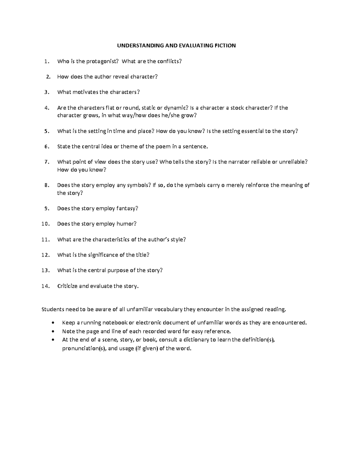 Sr english understanding fiction ( a set of questions) - UNDERSTANDING ...