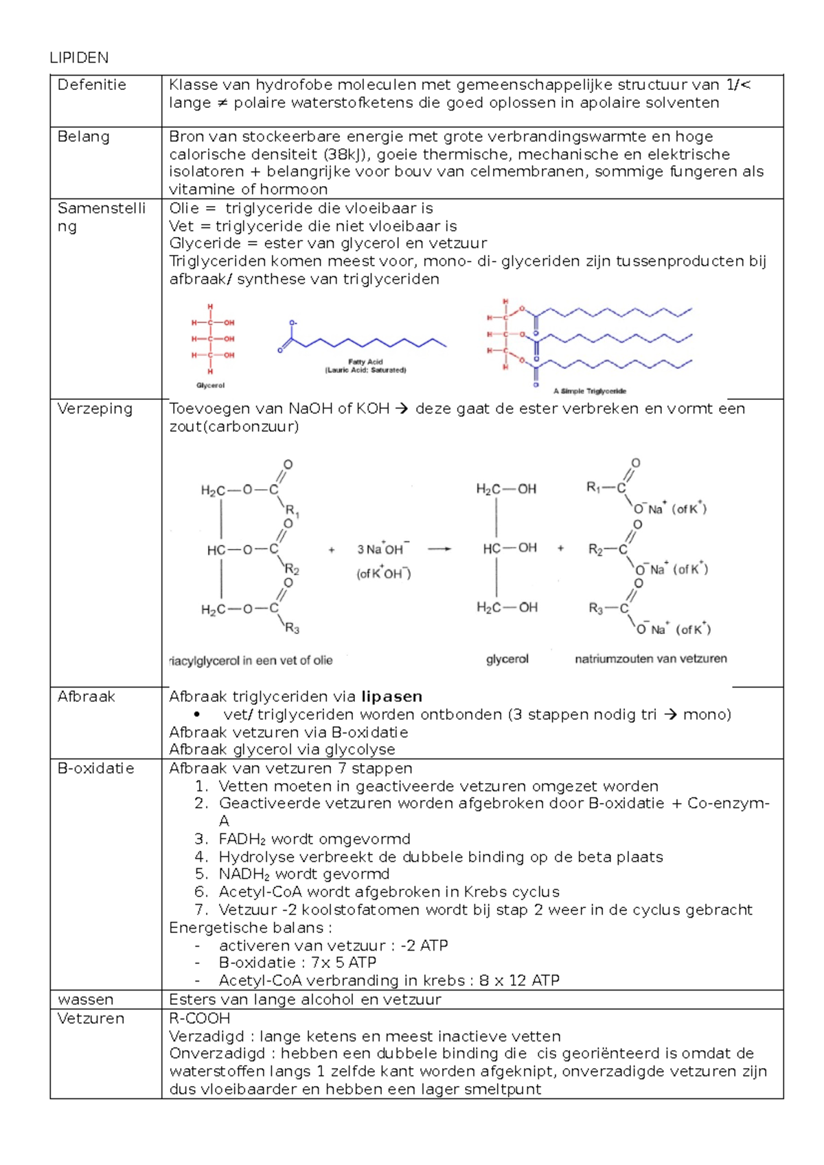 Lipiden samenvatting - Defenitie Klasse van hydrofobe moleculen met ...