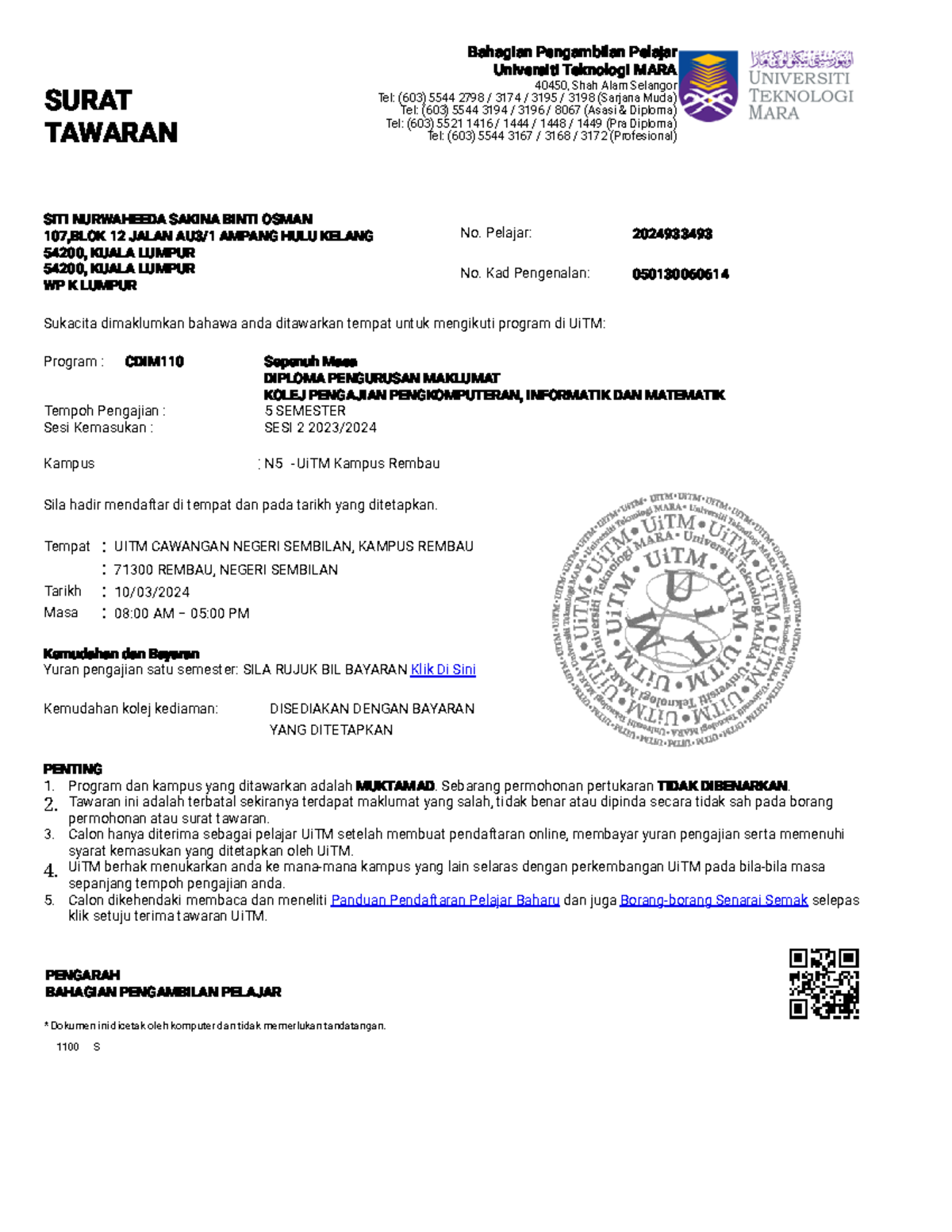 Student Intake - SURAT TAWARAN Bahagian Pengambilan Pelajar Universiti ...