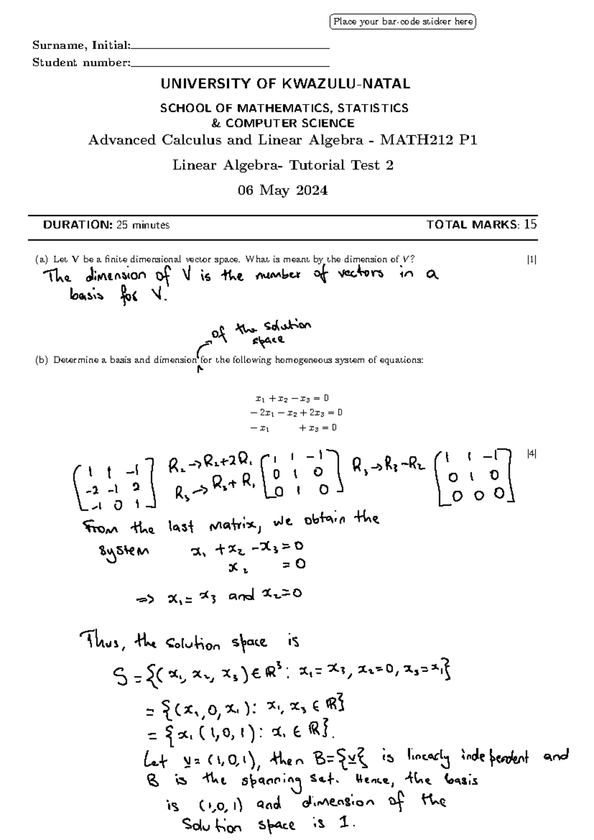 MATH130 P1-2024- Tutorial Test 2-memo - Place your bar-code sticker ...