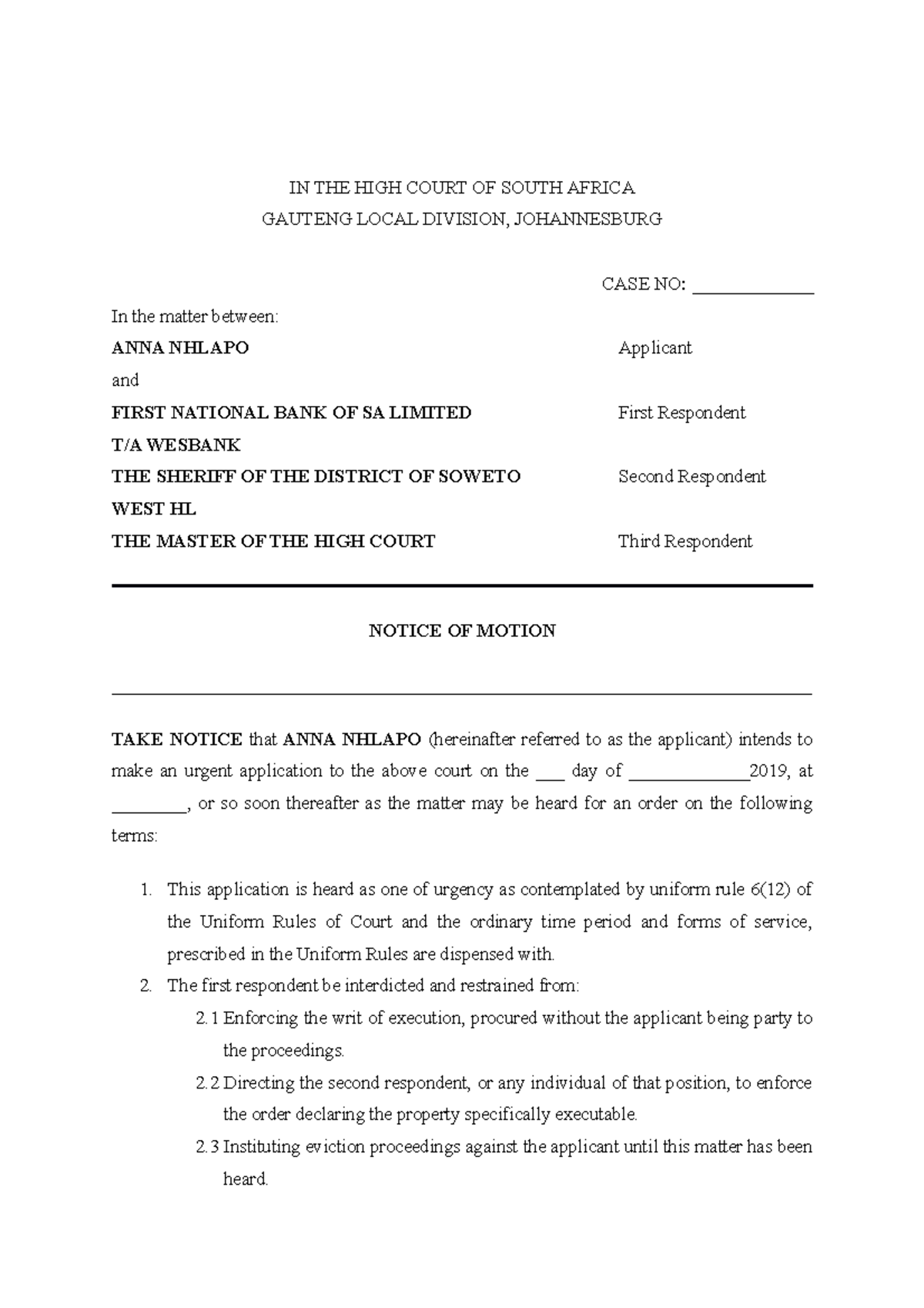 Notice OF Motion Exercise IN THE HIGH COURT OF SOUTH AFRICA GAUTENG