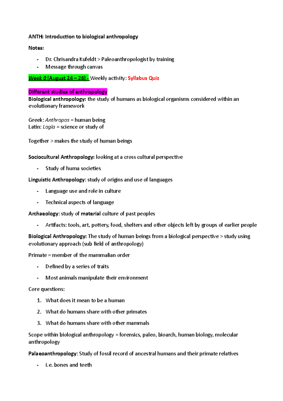 ANTH196 notes - ANTH: Introduction to biological anthropology Notes: Dr ...