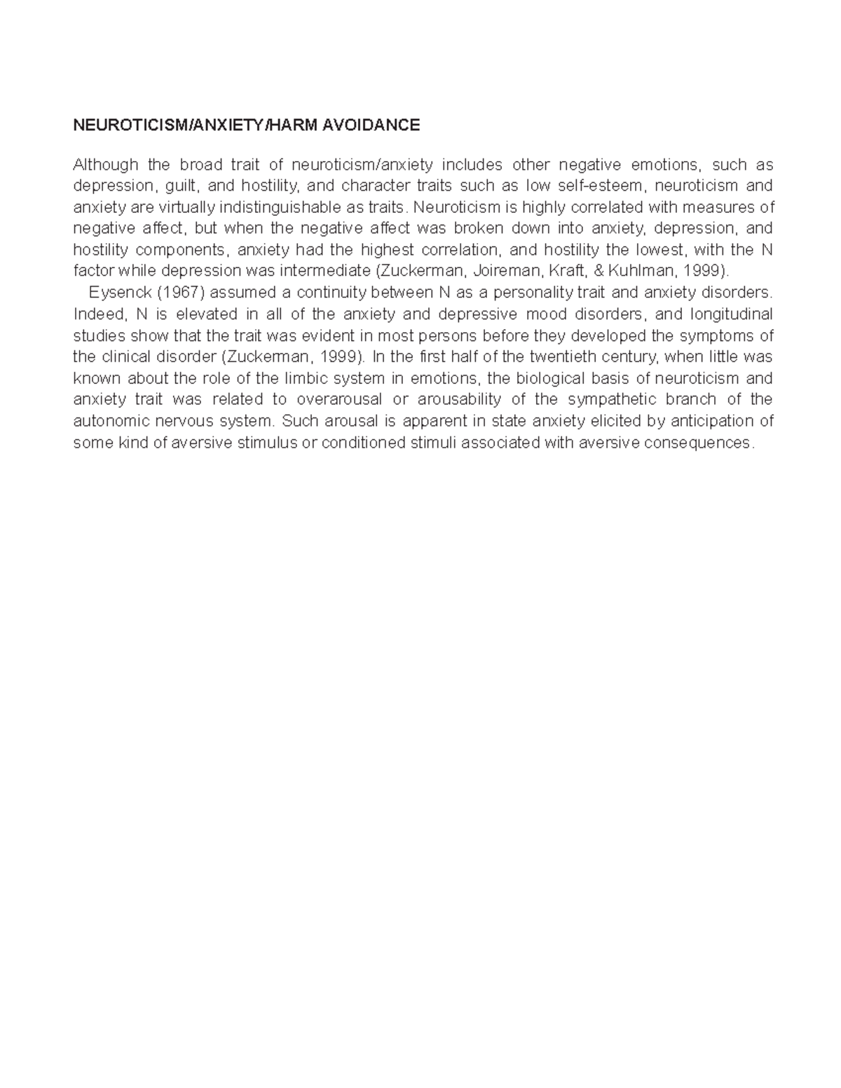 Biological Bases of Personality - NEUROTICISM/ANXIETY/HARM AVOIDANCE ...