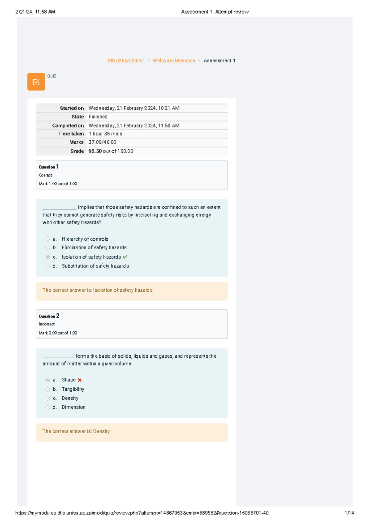 Assessment 1 Attempt review MN02603 - MNO2603-24-S1 Welcome Message ...
