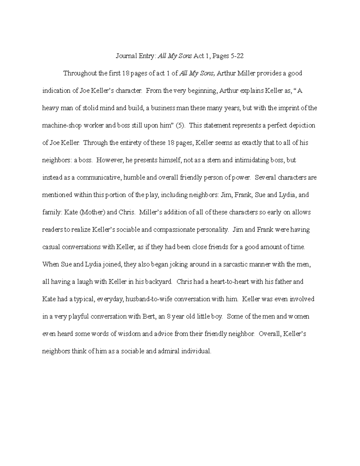 Journal Entry 6 - brief essay on All My Sons Act 1, Pages 5-22 ...