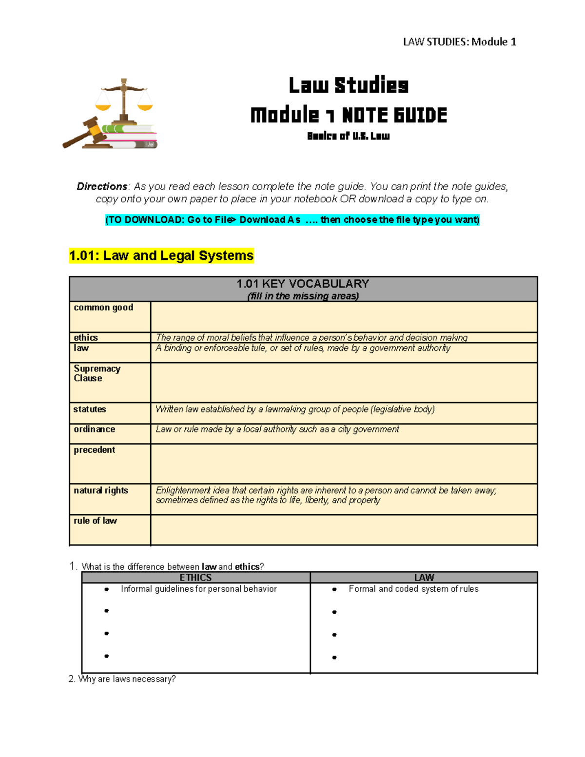 Module 1 Note Guide.docx - Law Studies Module 1 NOTE GUIDE Basics of U ...