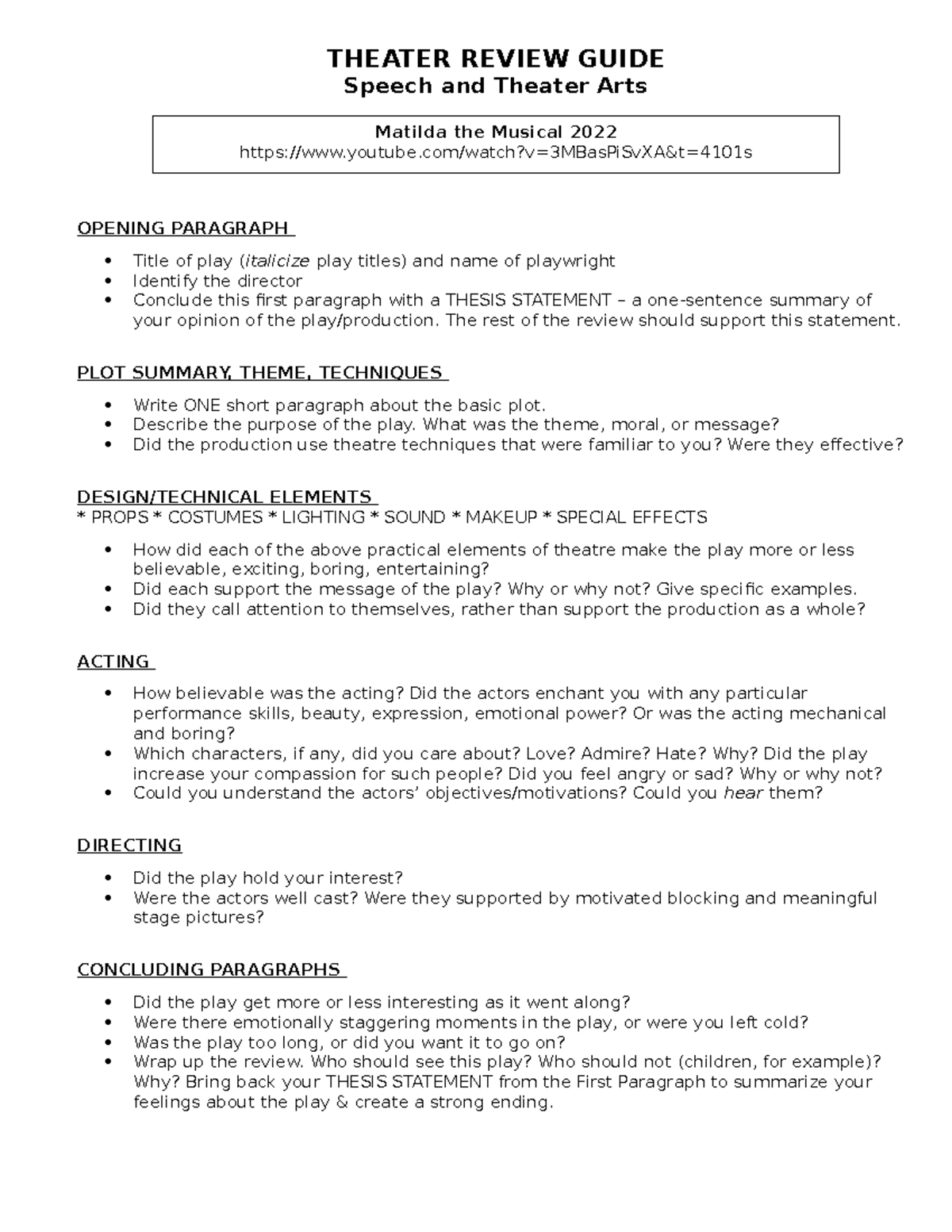 Theater- Review - THEATER REVIEW GUIDE Speech and Theater Arts OPENING ...