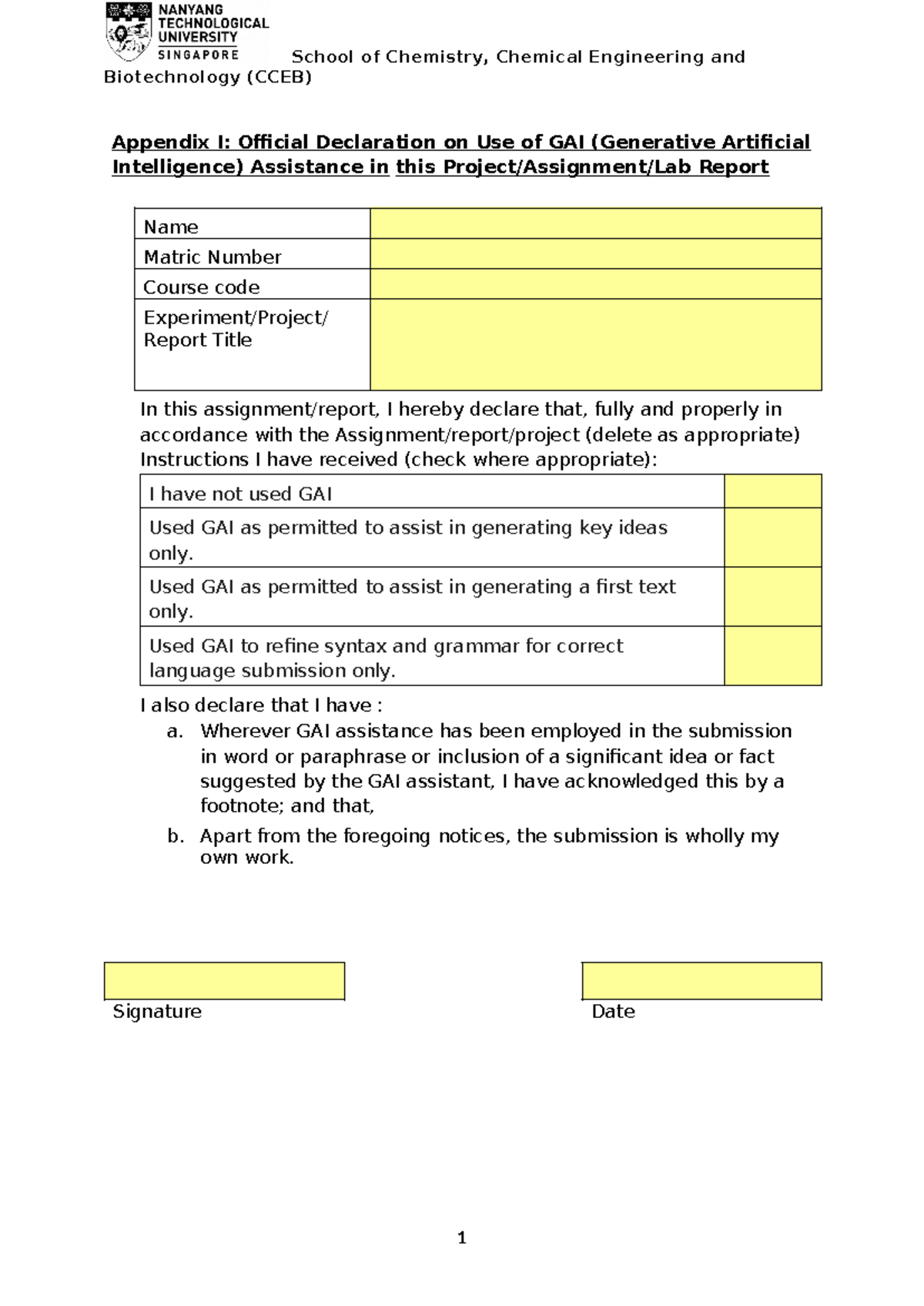 GAI declaration CCEB 2023 for Problem Set - 1 School of Chemistry ...