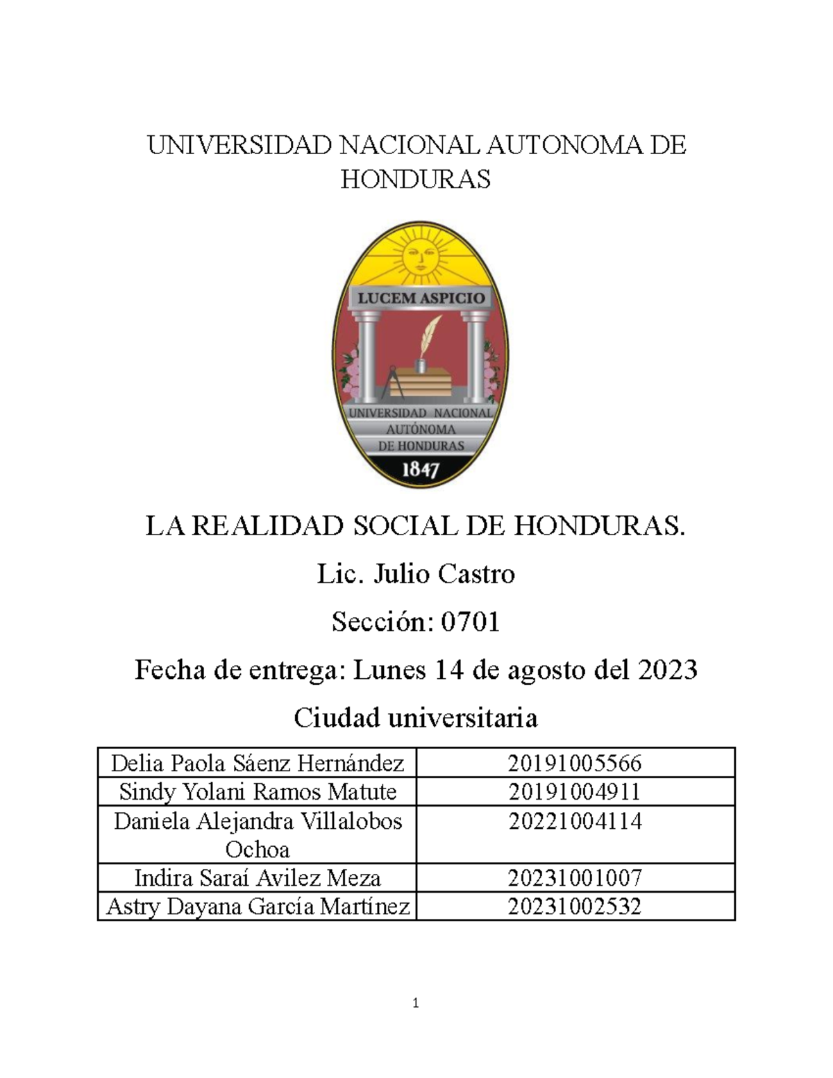 La realidad social de Honduras - UNIVERSIDAD NACIONAL AUTONOMA DE ...