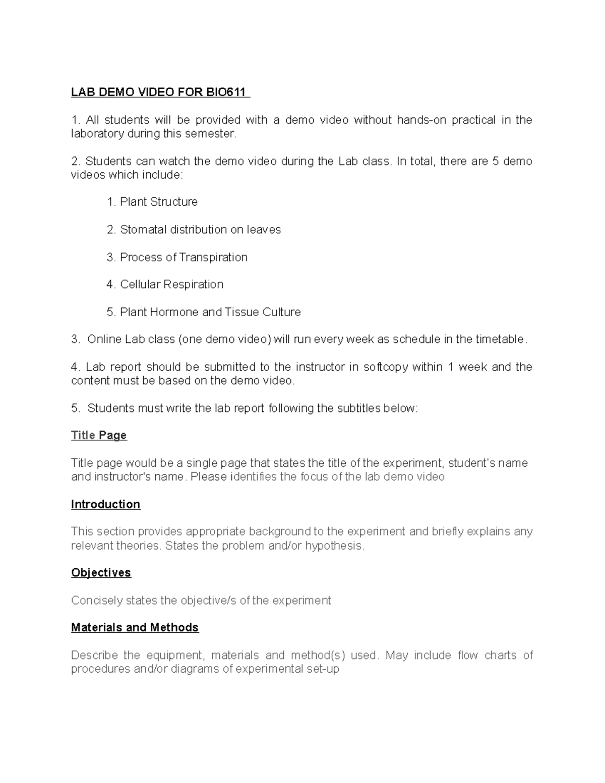 LAB Report Instruction BIO611 - LAB DEMO VIDEO FOR BIO All students ...