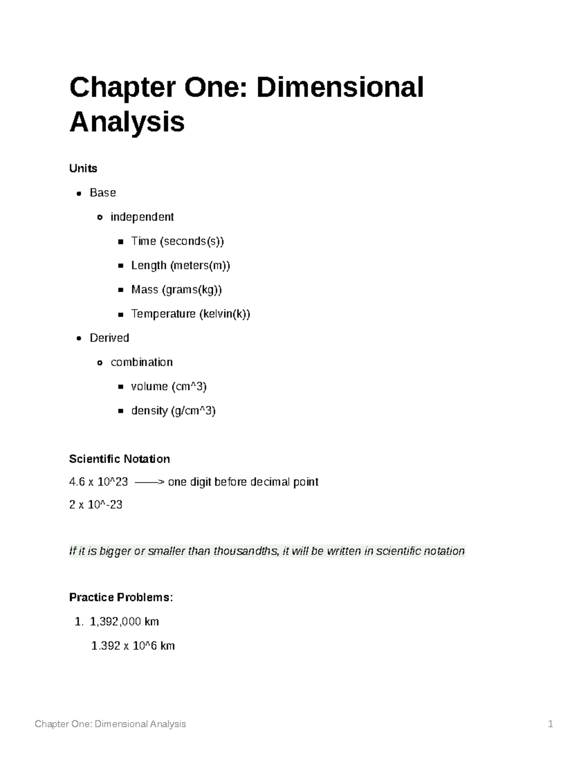 Chapter One Dimensional Analysis - 1,392,000 km 1 x 10^6 km Chapter One ...