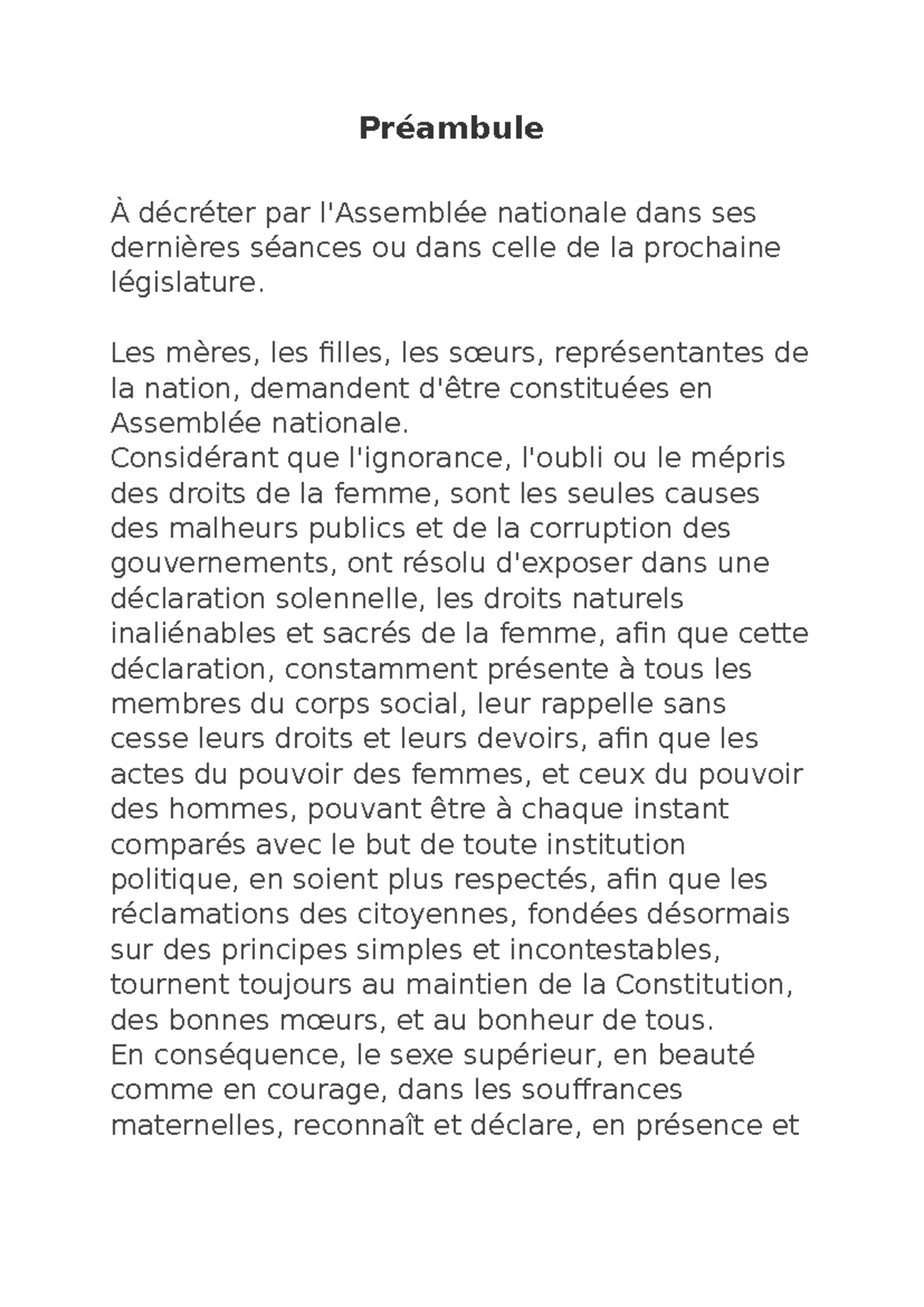 Préambule - Préambule À décréter par l'Assemblée nationale dans ses ...
